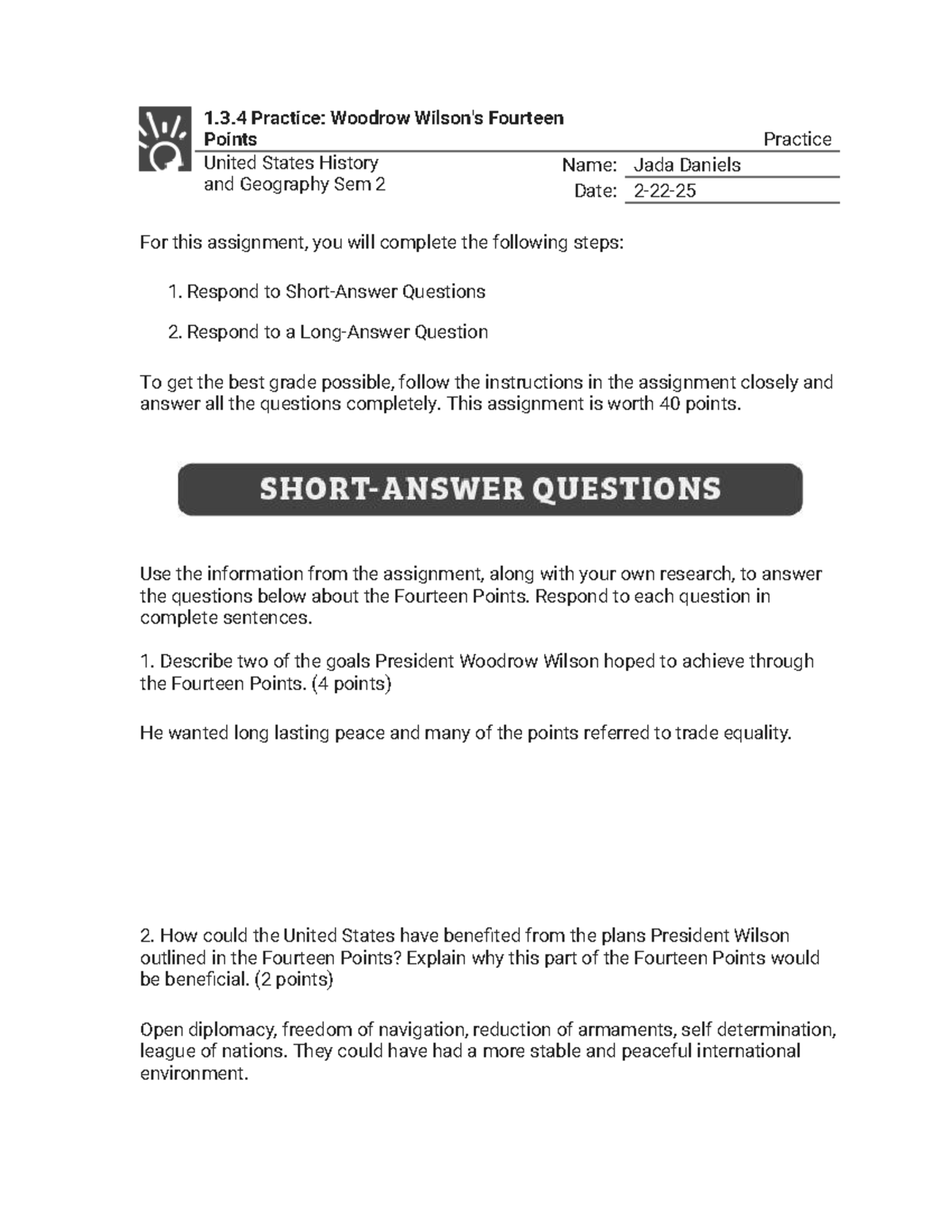 1.3.4 Practice - Woodrow Wilson's Fourteen Points (Practice) - 1.3 ...