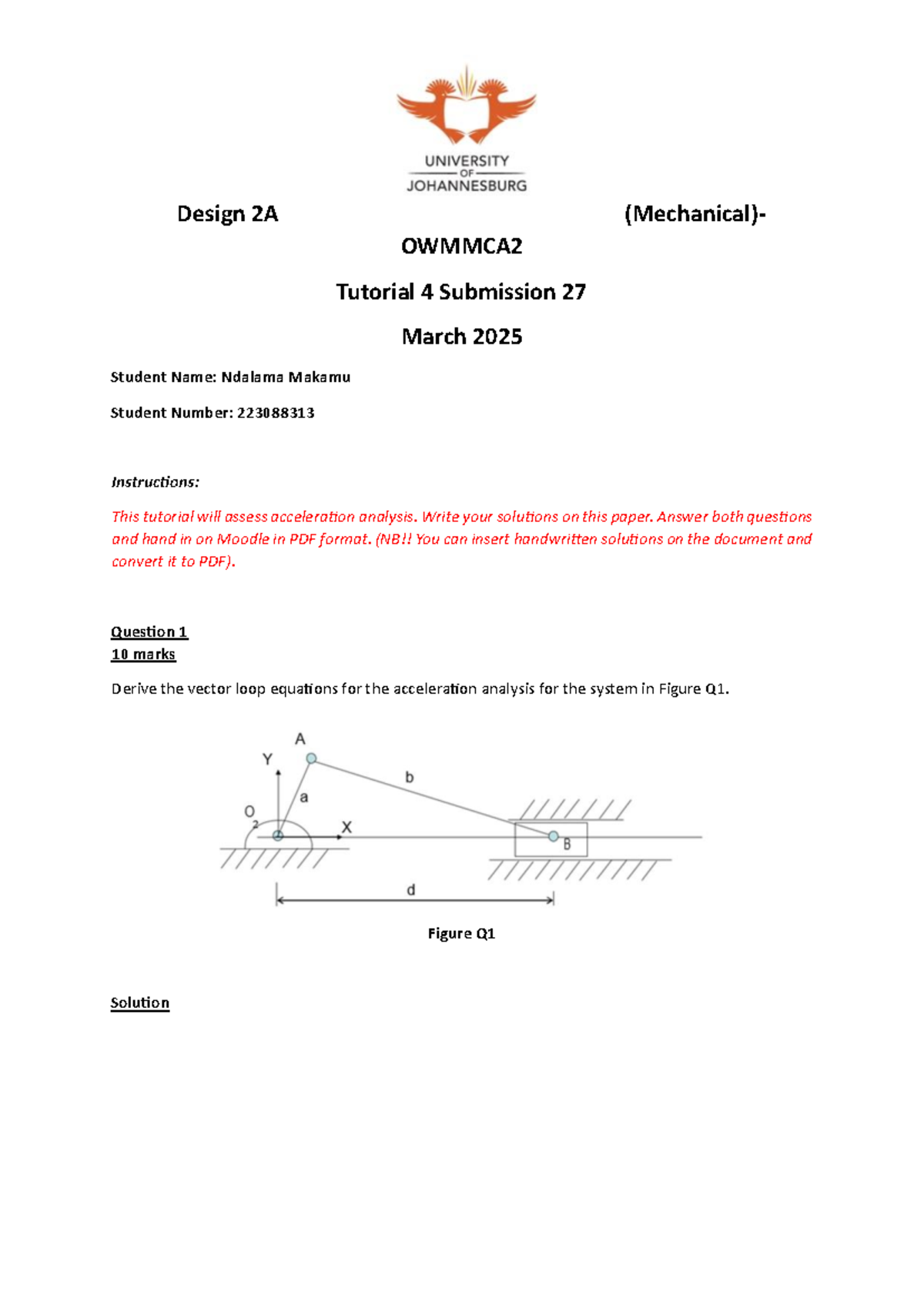 Tutorial 4 Assessment-acceleration analysis (1)hhhh - Design 2A (Mechanical)- OWMMCA Tutorial 4 ...