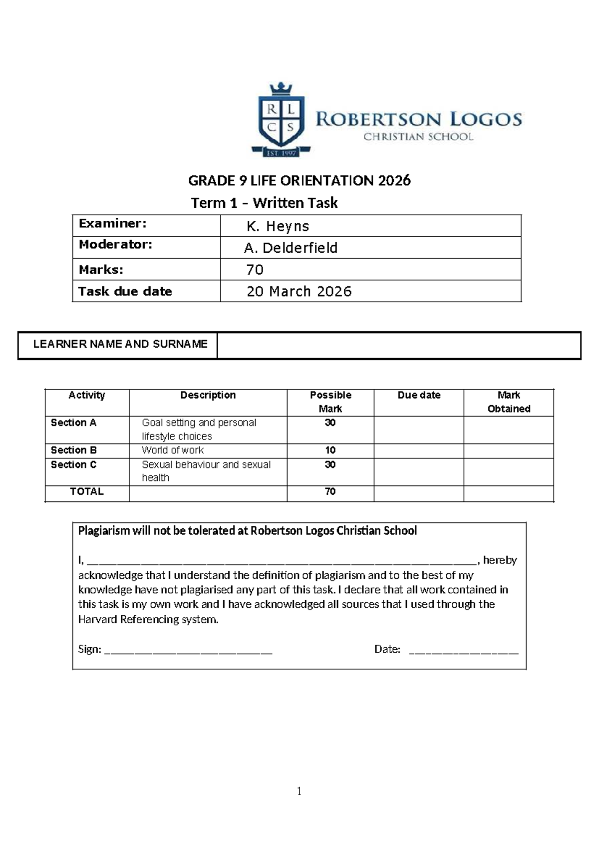 Grade 9 LO Term 1 Written Task: Goal Setting & Sexual Health - Studocu