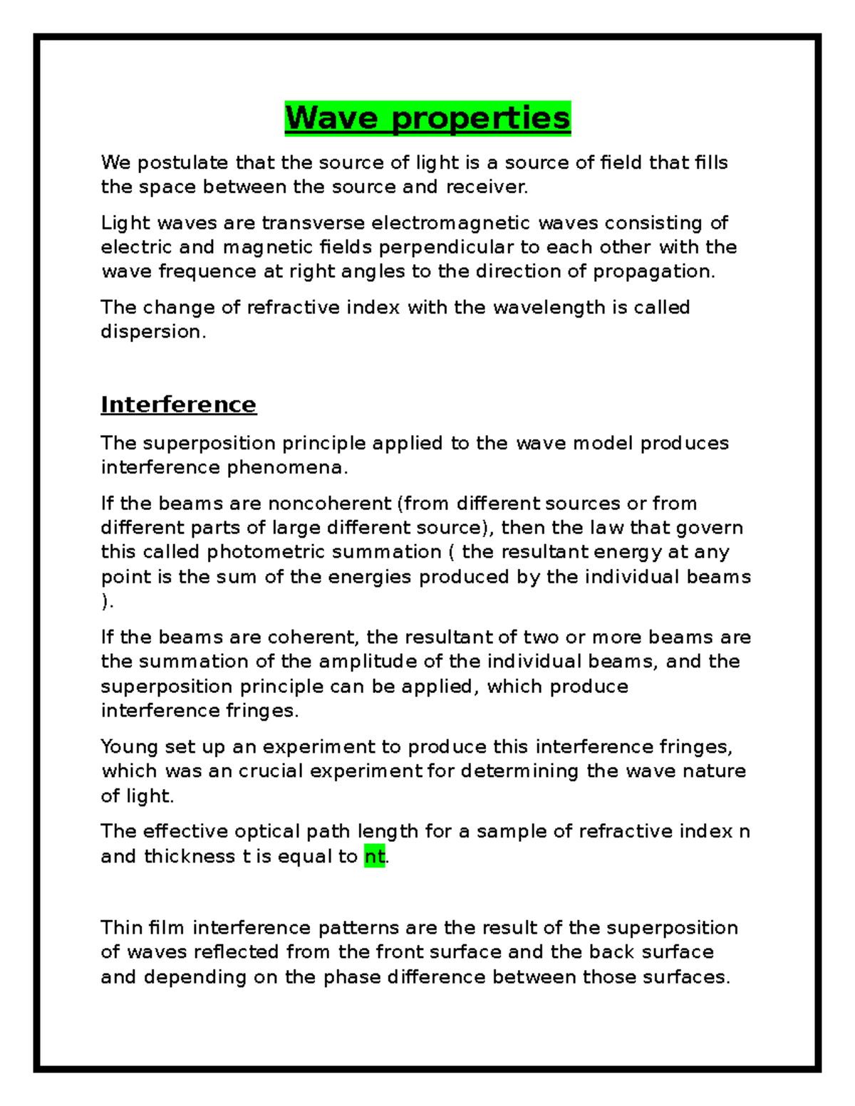 Wave Properties of Light: Interference and Dispersion Concepts - Studocu