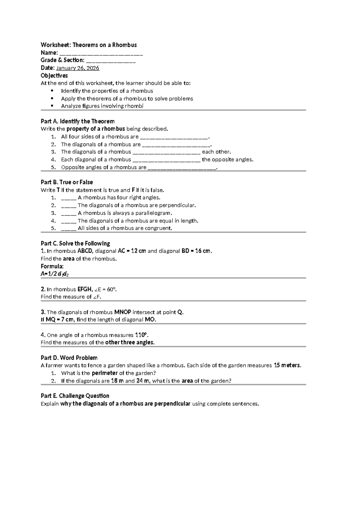 Worksheet: Theorems on a Rhombus - Grade Section Details - Studocu