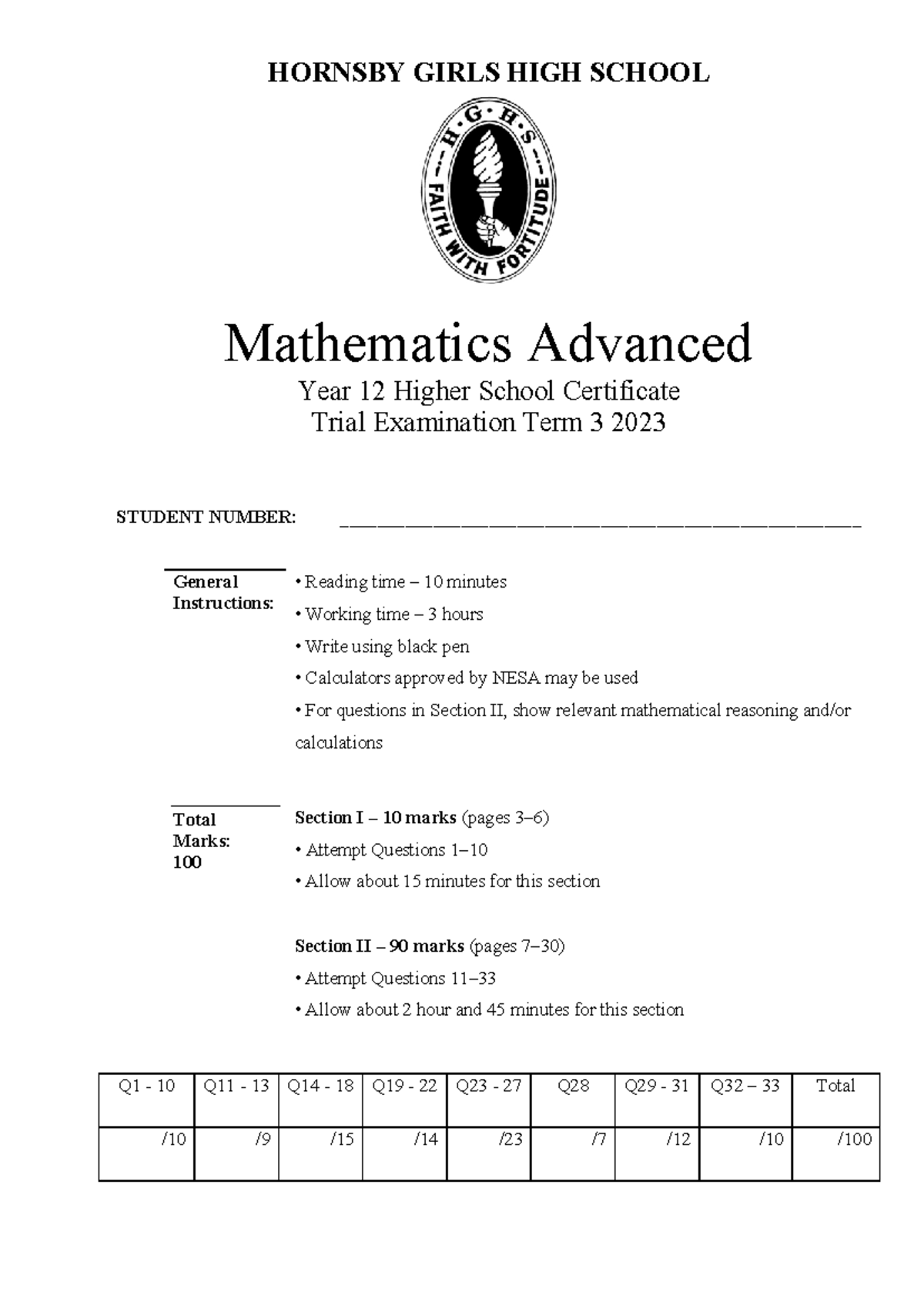 Advanced Year 12 Mathematics HSC Trial Exam Term 3 2023 - Studocu