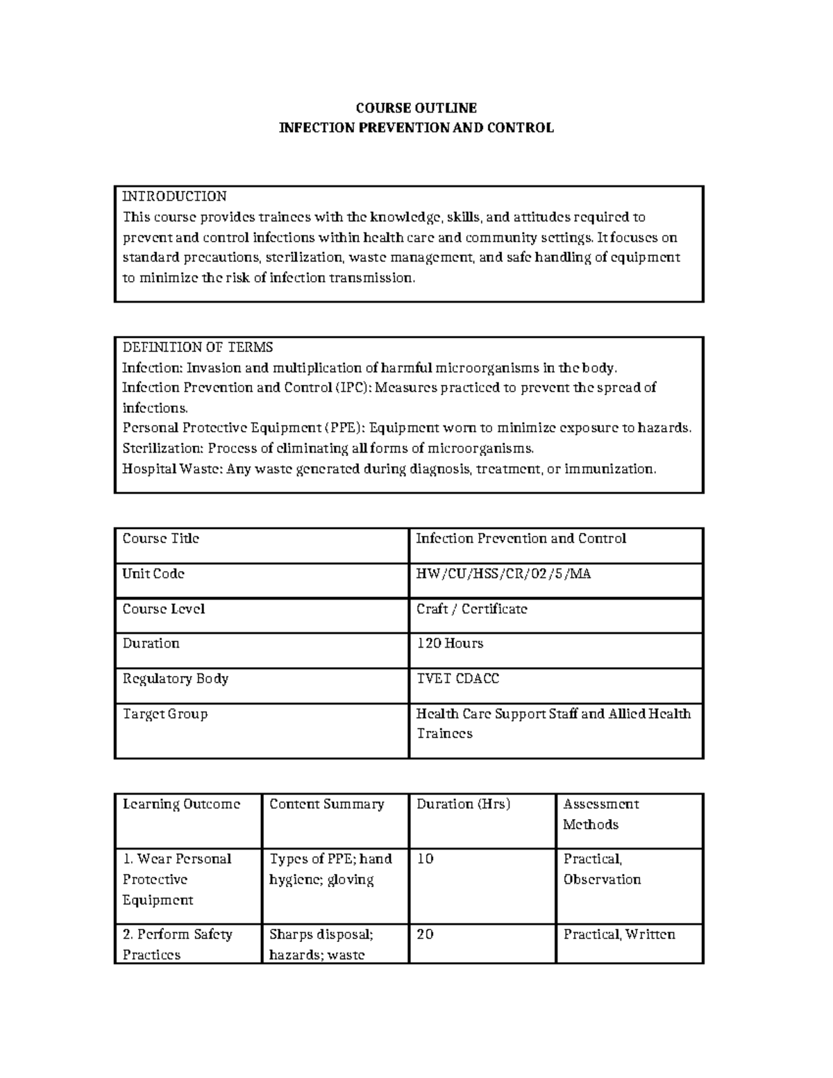 Infection Prevention and Control Course Outline (Craft Cert) - Studocu