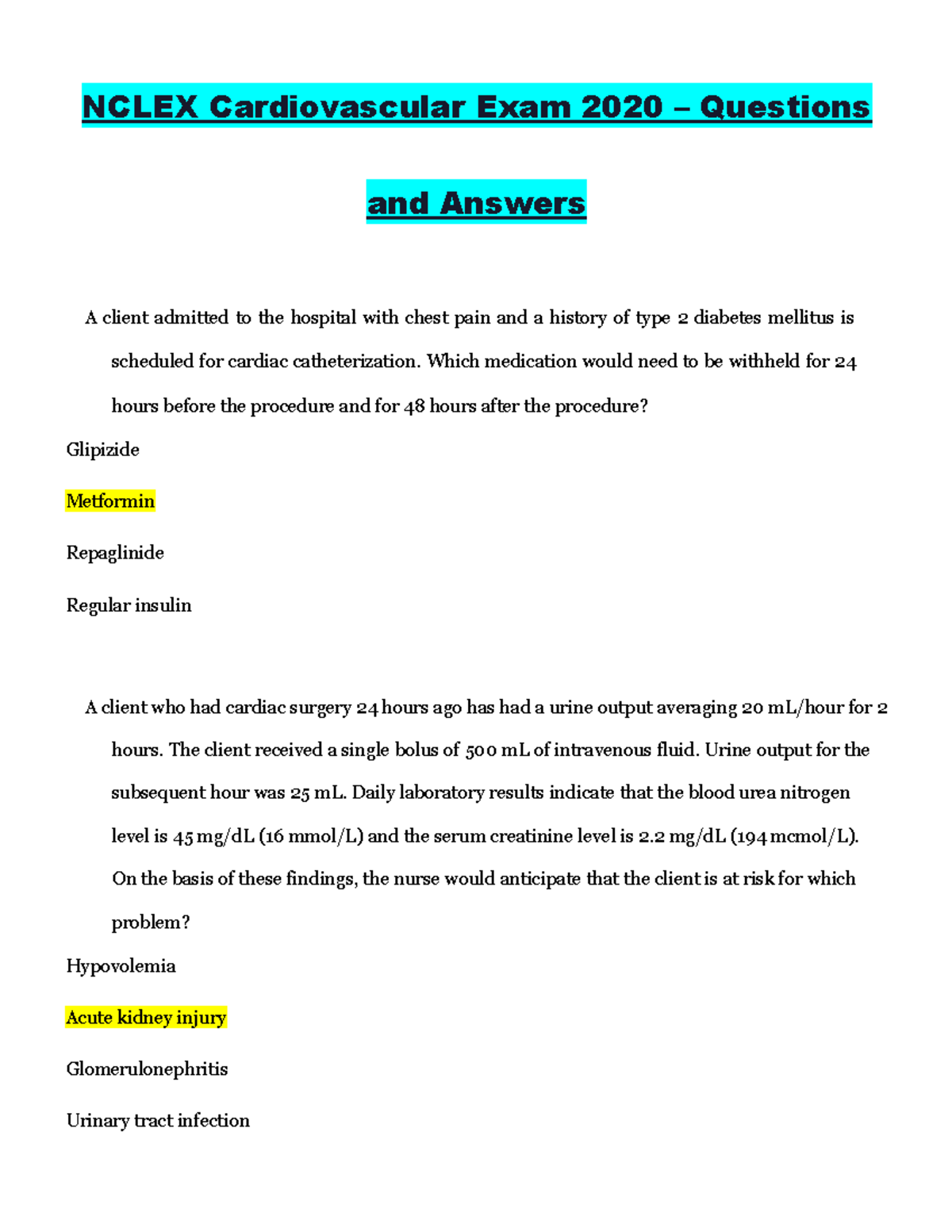 NCLEX CV Exam 2020: Key Questions & Answers Guide - Studocu