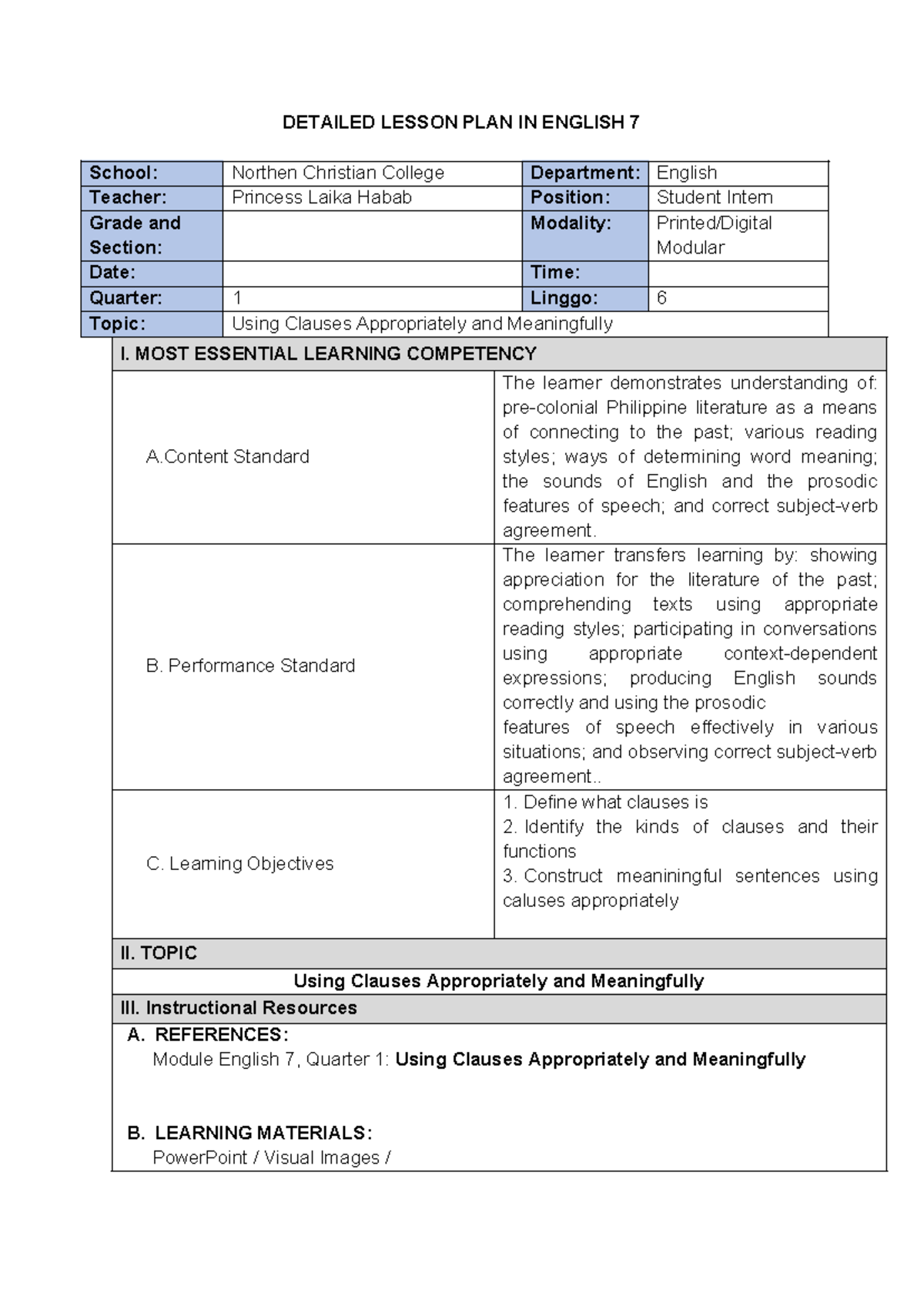 Reverse LP Grammar - asdfghj - DETAILED LESSON PLAN IN ENGLISH 7 School ...