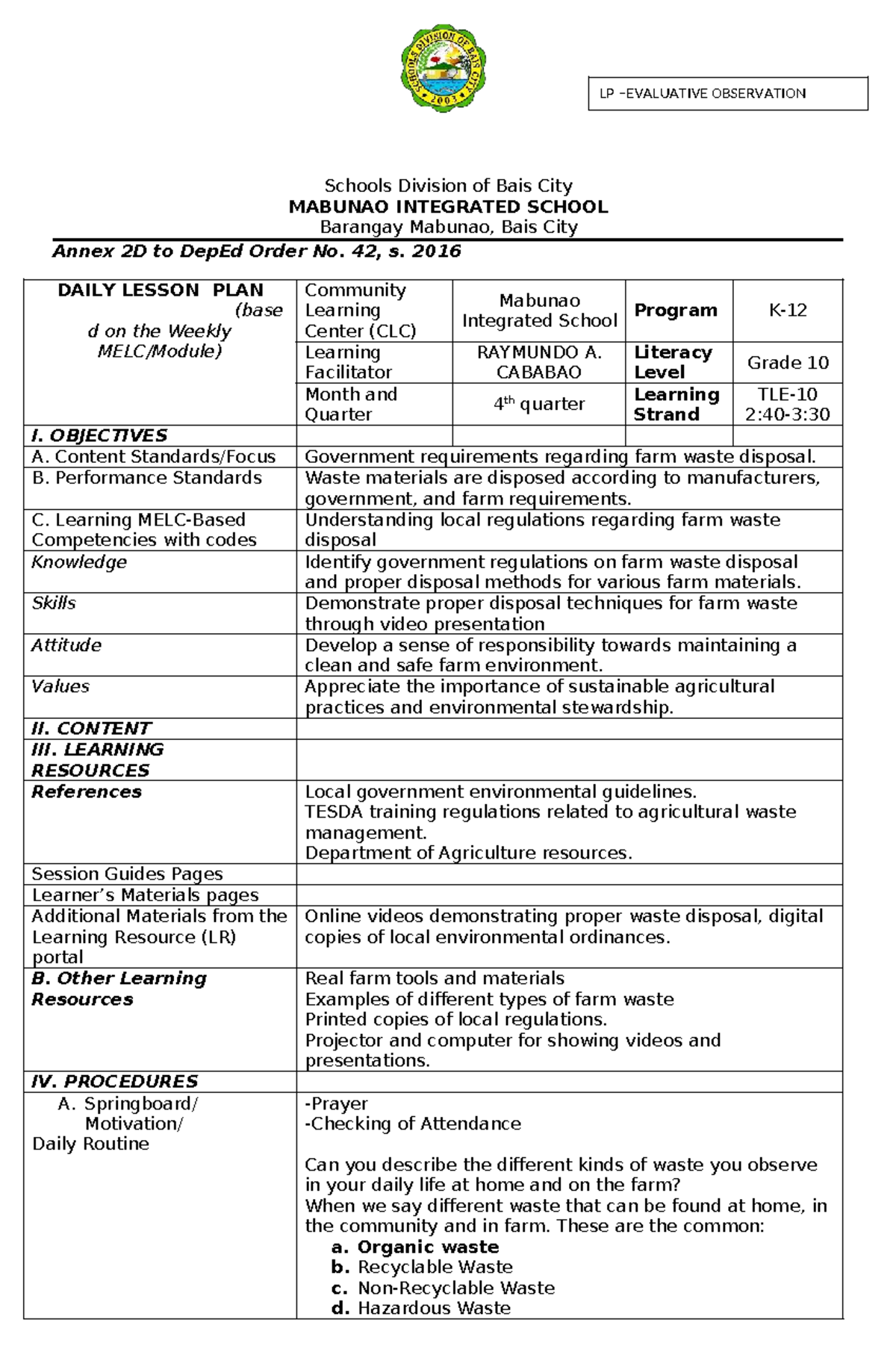 LP for 1st Quarter: Daily Lesson Plan on Farm Waste Management - Studocu