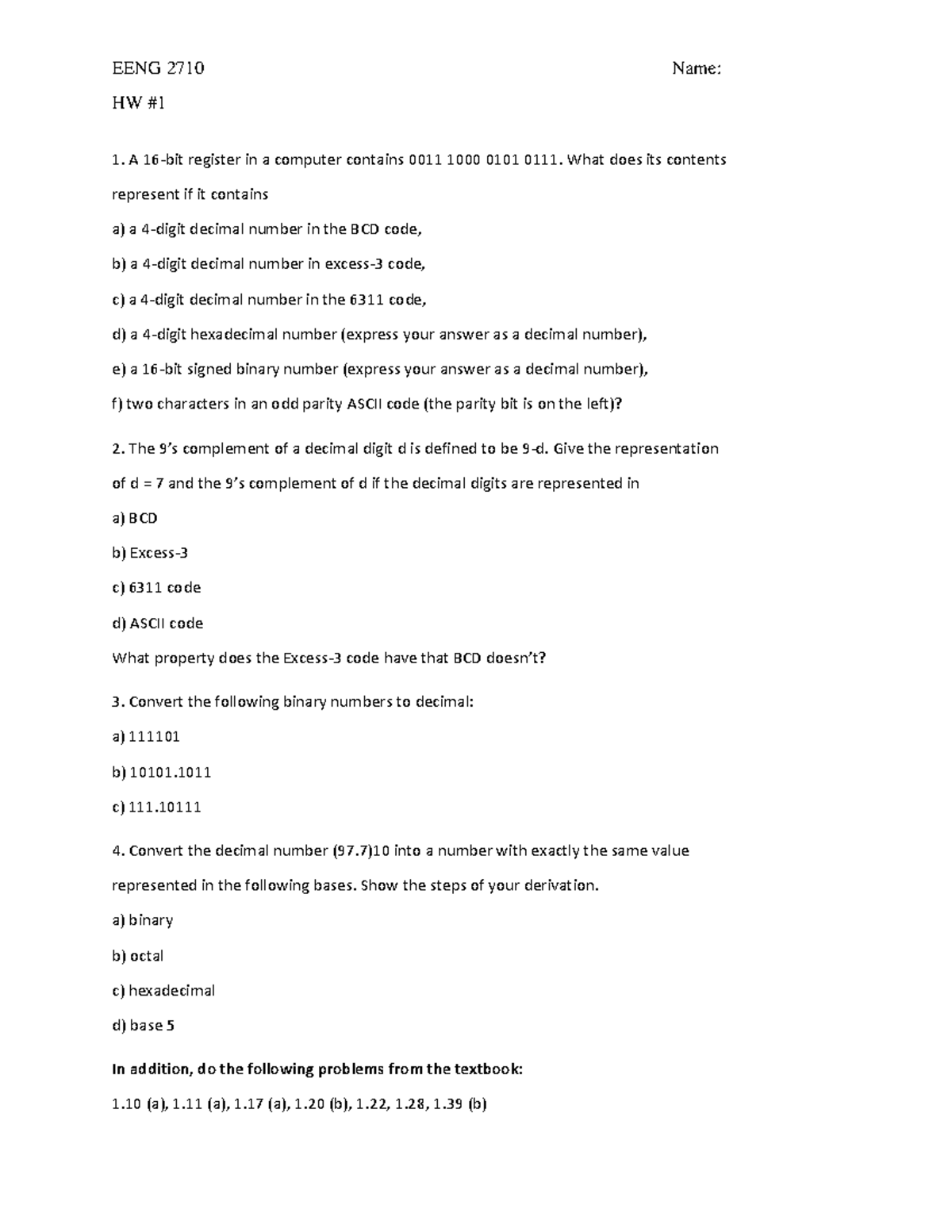 EENG 2710 HW 1 - Cover Lecture on Number Conversion Techniques - Studocu