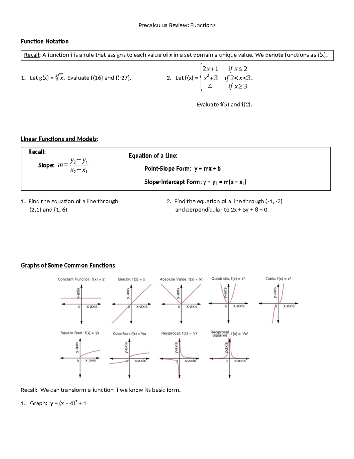 3. Function Notation Notes - ####### Equation of a Line: ####### Point ...