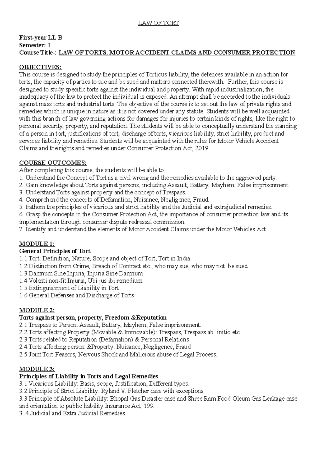 LAW OF TORT (LLB I Sem) - Comprehensive Study Material & Objectives ...