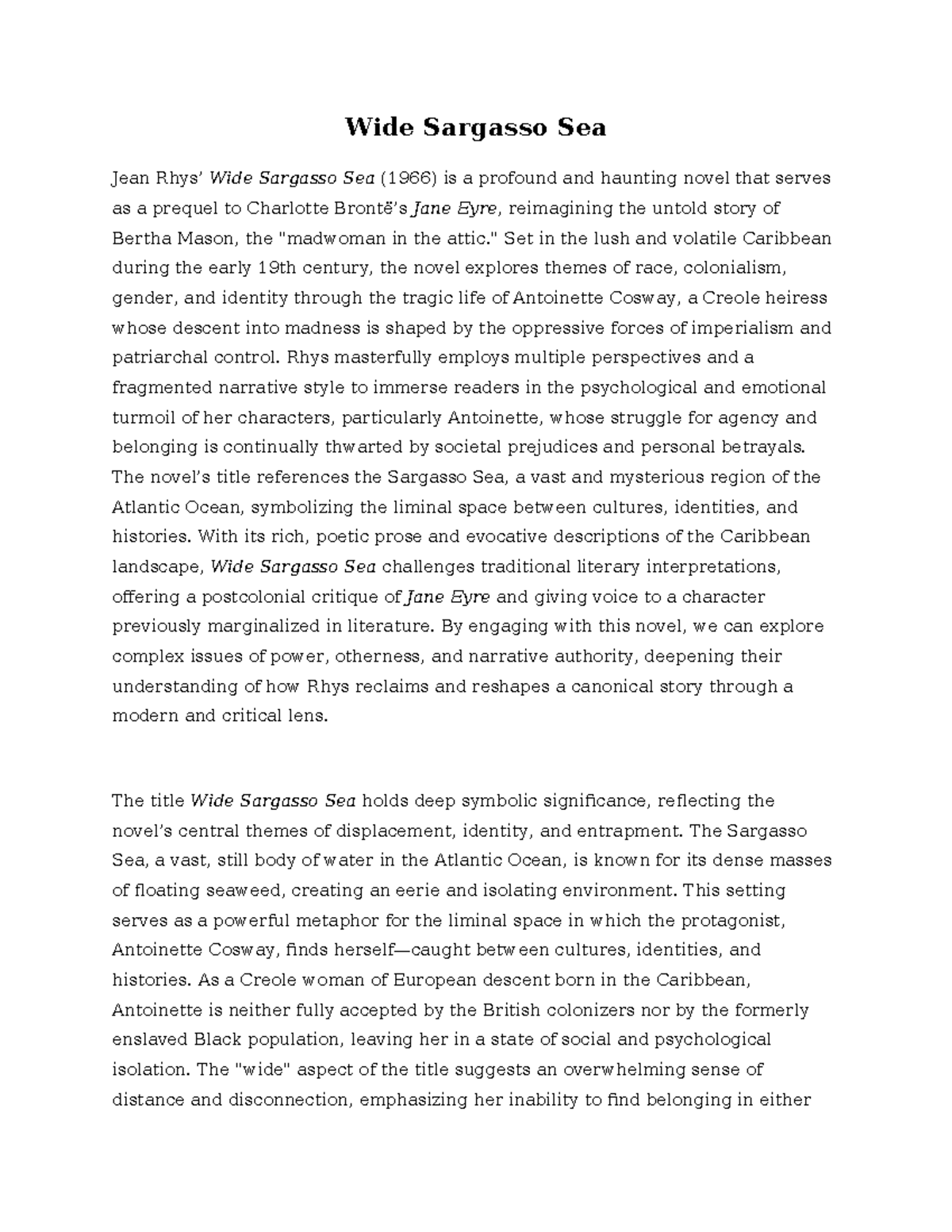 Wide Sargasso Sea (D3) - In-Depth Novel Summary and Analysis - Studocu