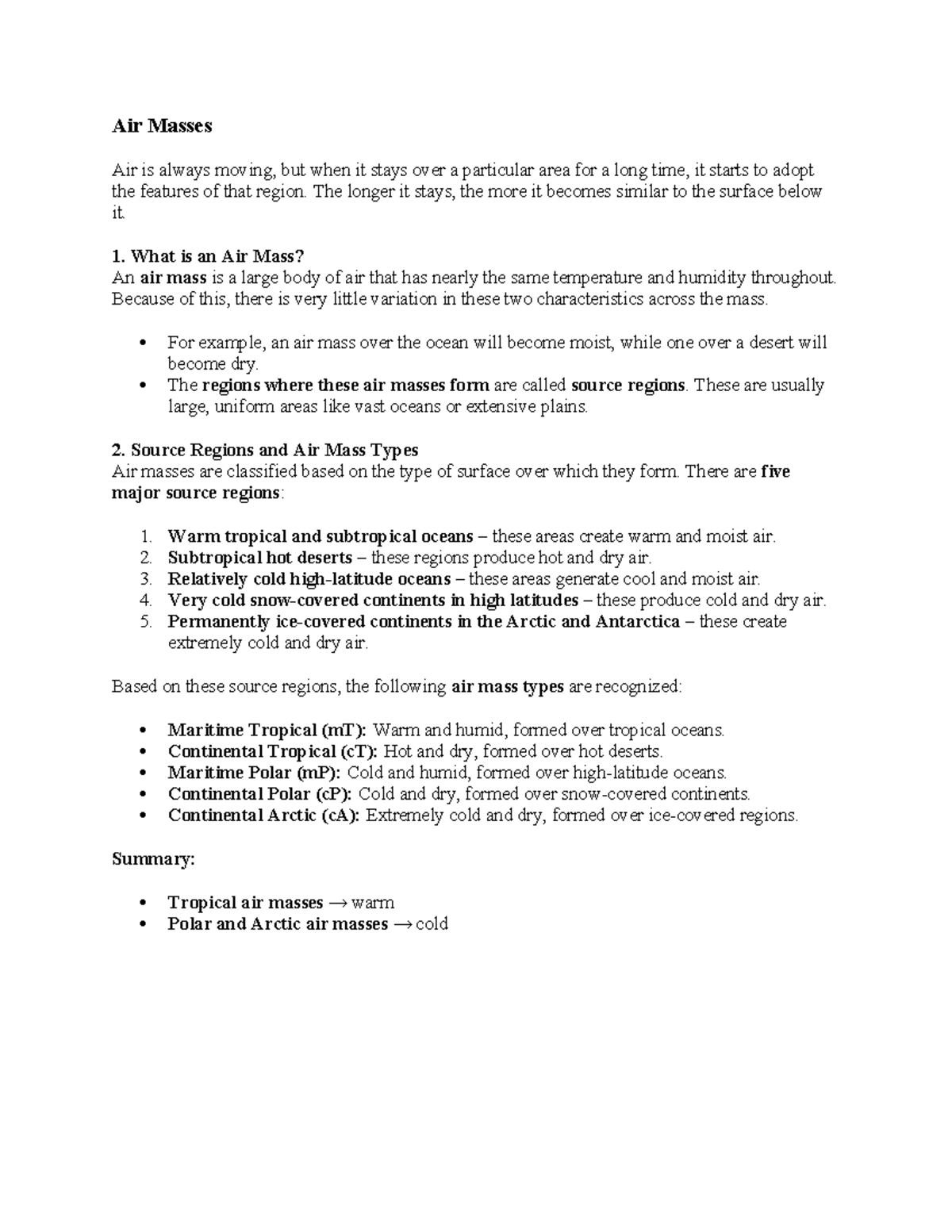Air Masses - Weather Patterns and Fronts - EXAM NOTES - Studocu