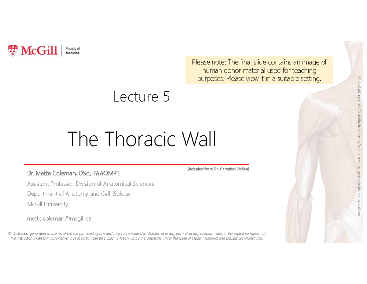 ANAT 315 Lecture 5: The Thoracic Wall Overview F2025 - Studocu