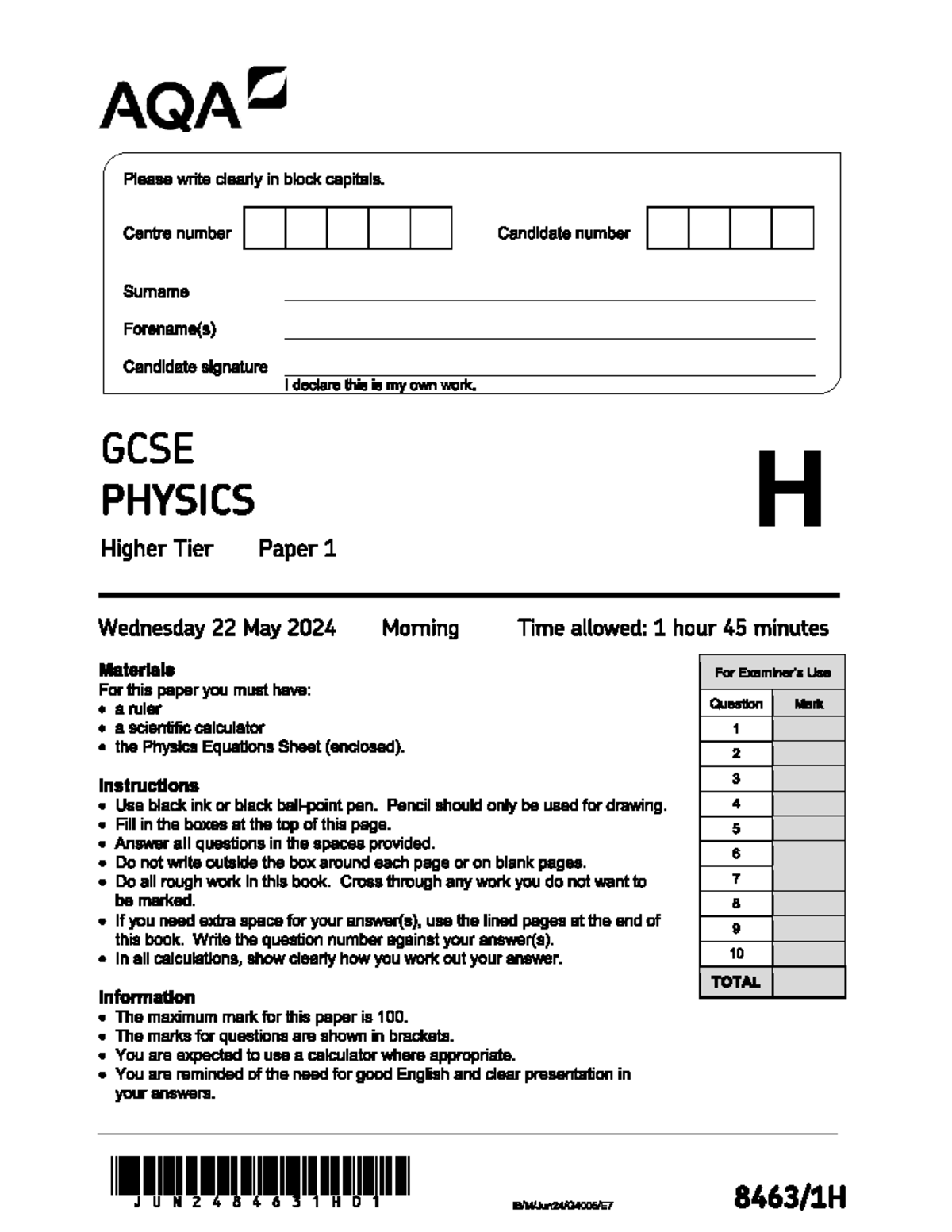 AQA GCSE PHYSICS H Higher Tier Paper 1 Exam - May 2024 - Studocu