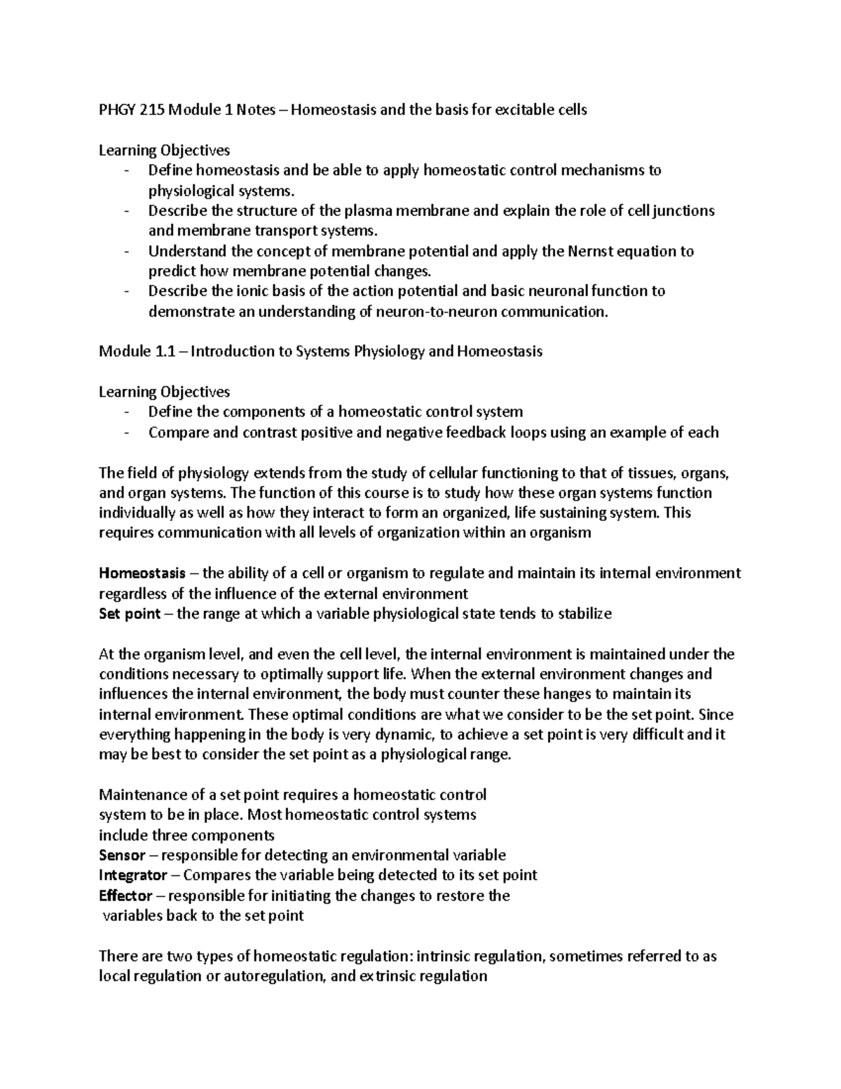 PHGY 215 Module 1 Notes: Homeostasis & Excitable Cells Overview - Studocu