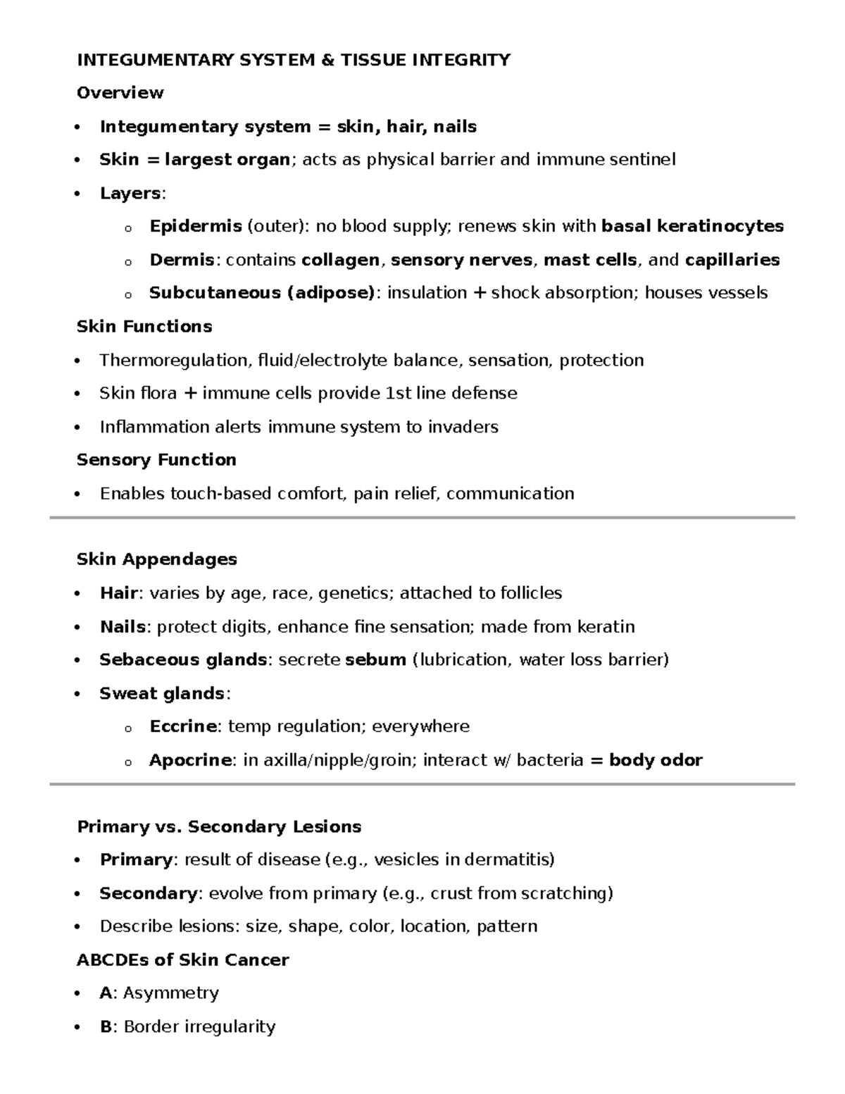 INTEGUMENTARY SYSTEM TISSUE INTEGRITY: Module 1 Lecture Notes - Studocu
