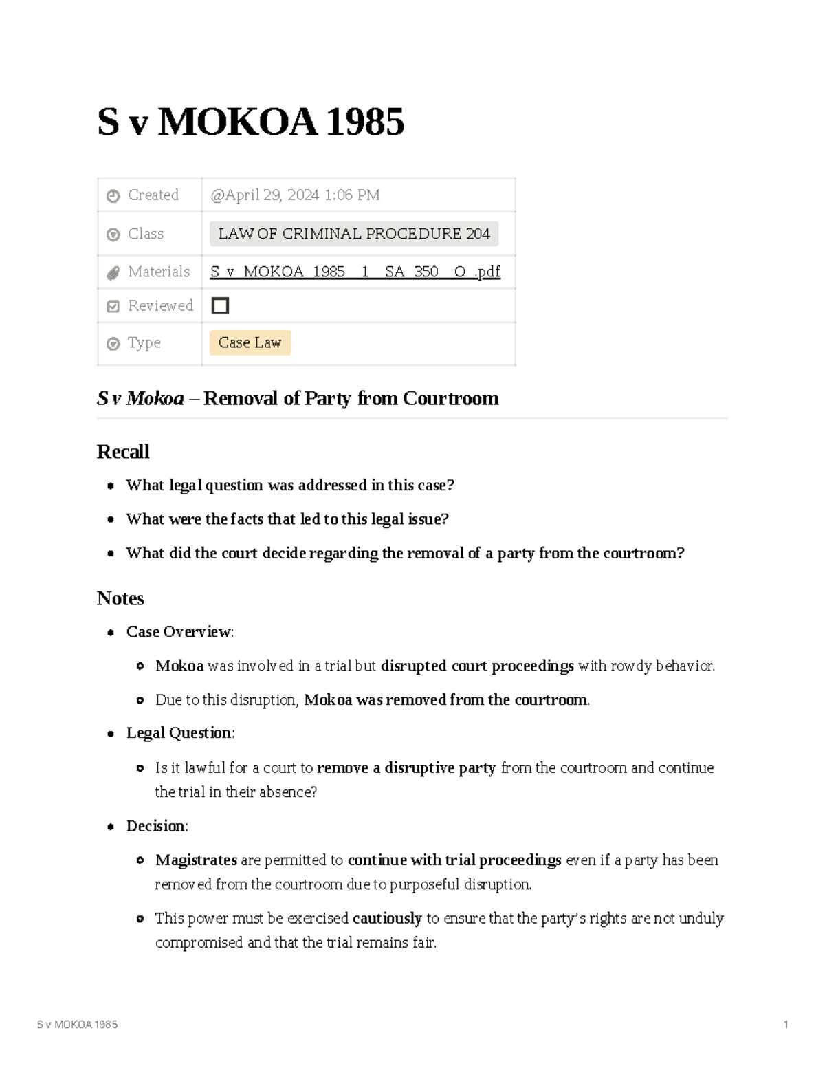 S v Mokoa 1985 - Disruptive Party's Removal in Courtroom (LCP204) - Studocu