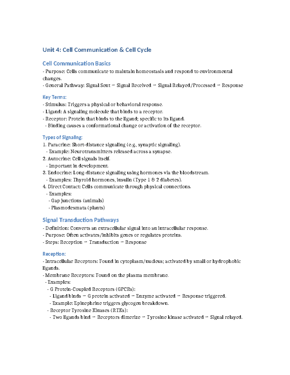 Unit 4 Lecture Notes: Cell Communication & Cycle Insights (BIO 101 ...