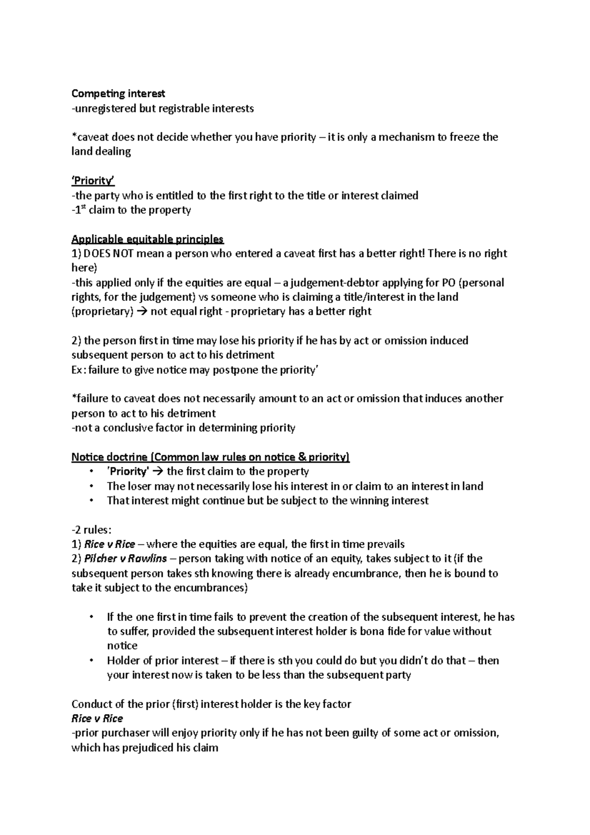 Competing Interests and Priority in Land Law II - Summary Notes - Studocu
