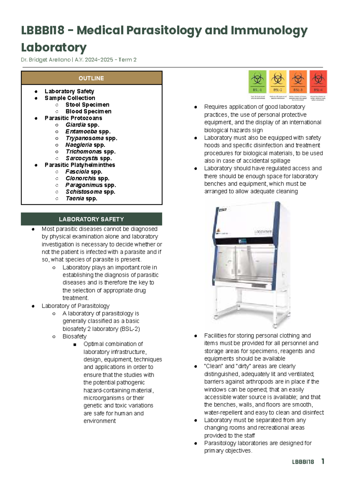 Medical Parasitology and Immunology Lab (LBBBI 18-1-28) Safety ...
