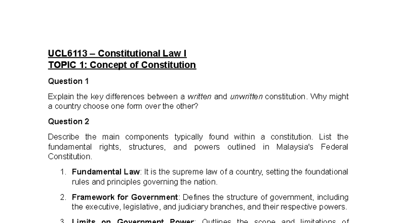 Tutorial Topic 1 Concept - UCL6113 – Constitutional Law I TOPIC 1 ...