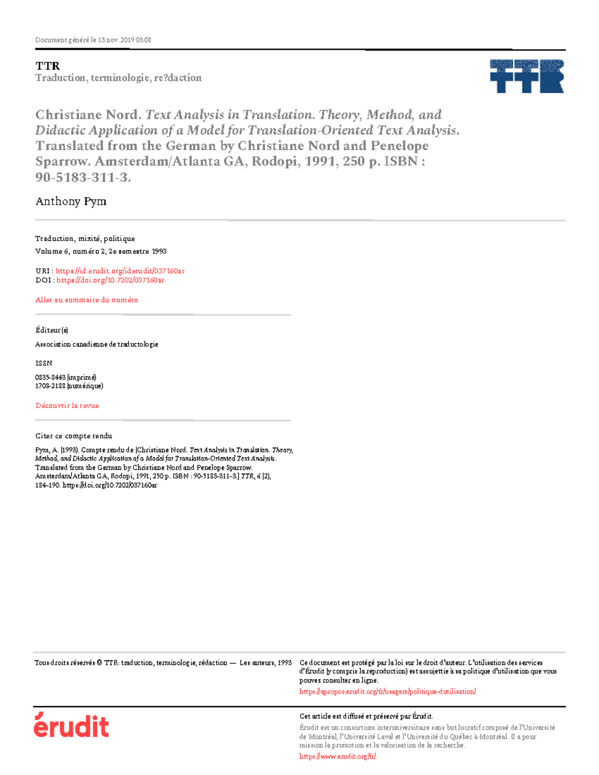 Christiane Nord - Text Analysis in Translation - Study Notes - Studocu