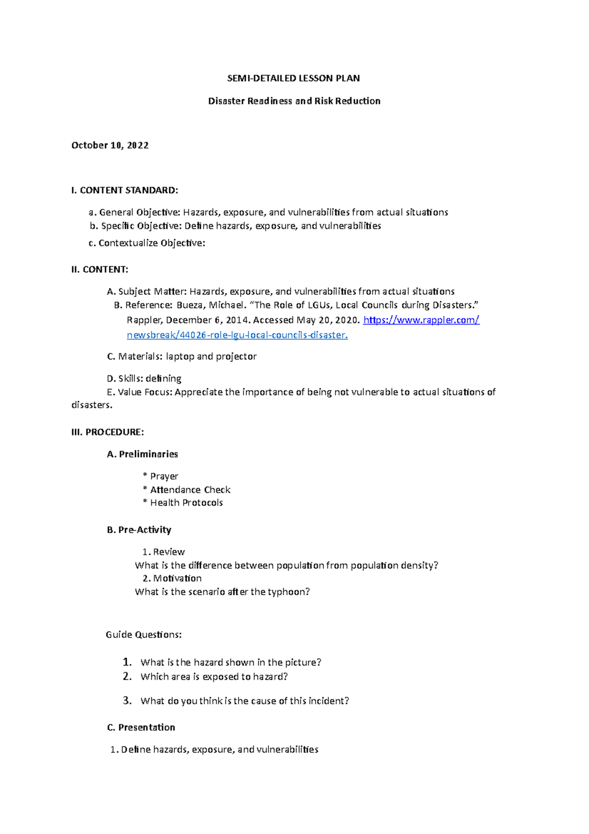 Semi-Detailed-Lesson-Plan DRRR 11 - SEMI-DETAILED LESSON PLAN Disaster ...