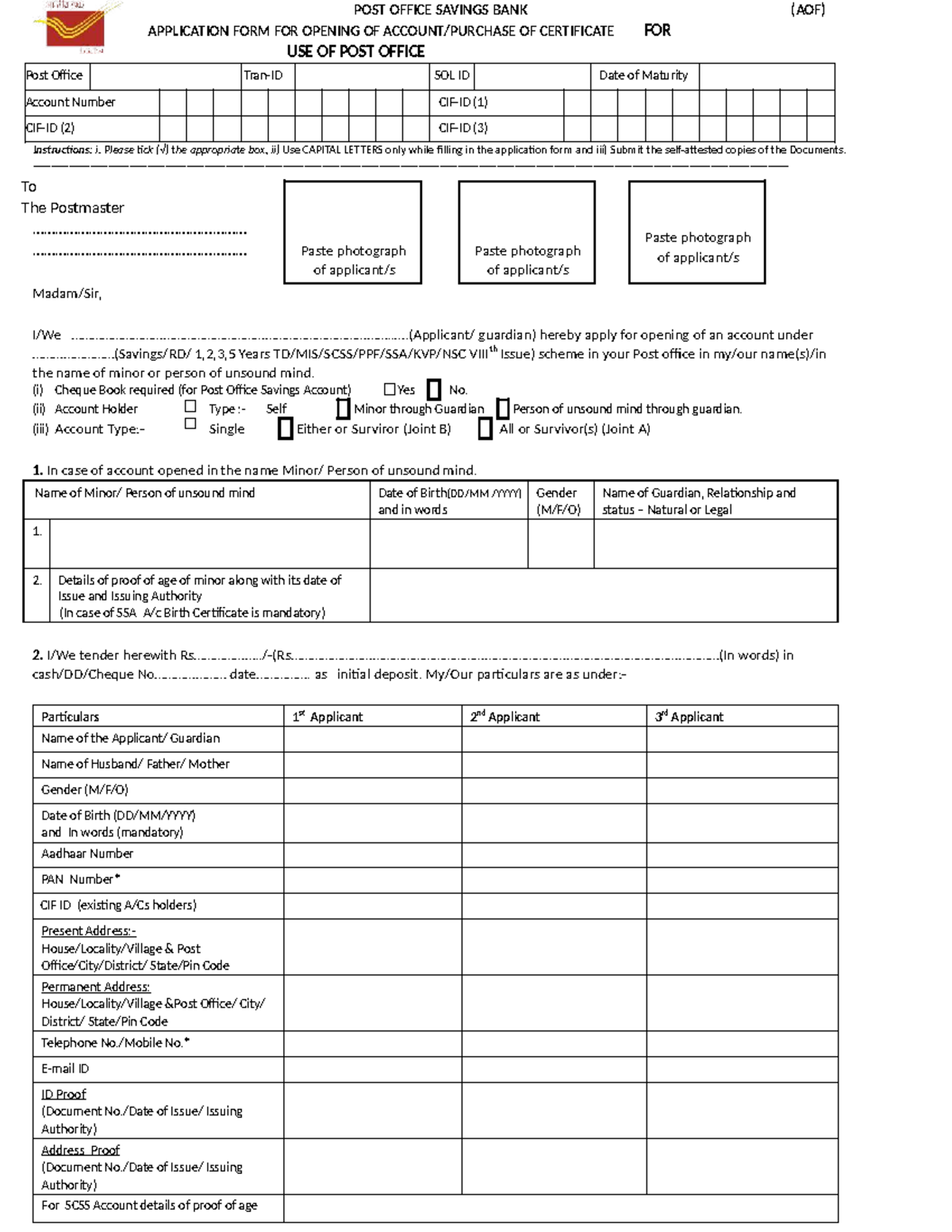 Post Office Savings Bank Application Form (AOF) for Minors and ...