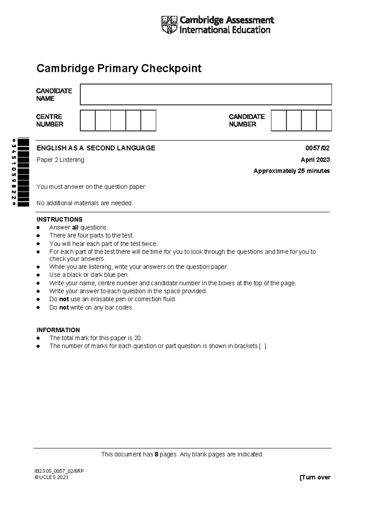 Cambridge Primary Checkpoint ESL Paper 2 Listening April 2023 Guide ...