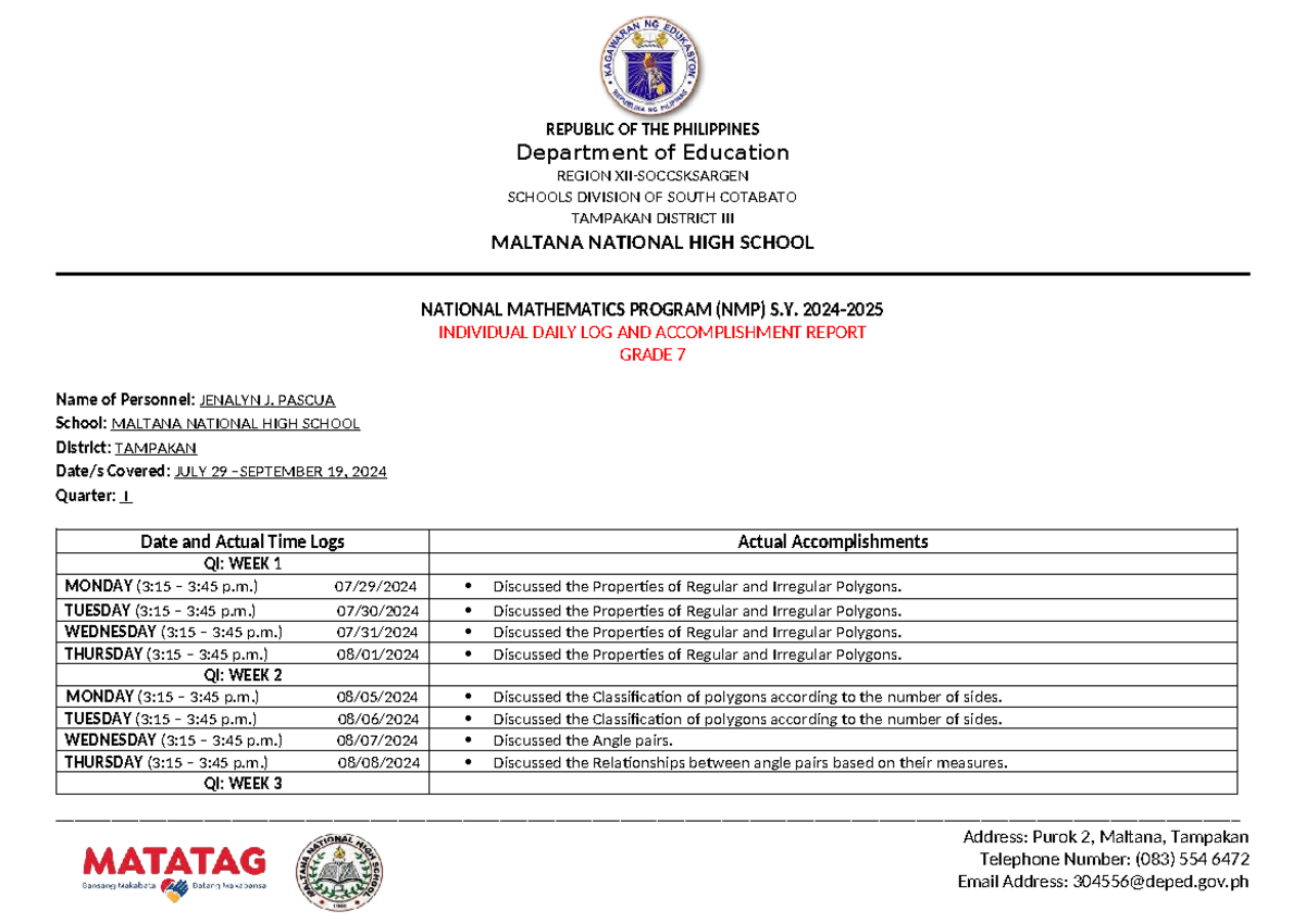 Grade 7 NMP Daily Log & Accomplishment Report - Quarter 1 - Studocu