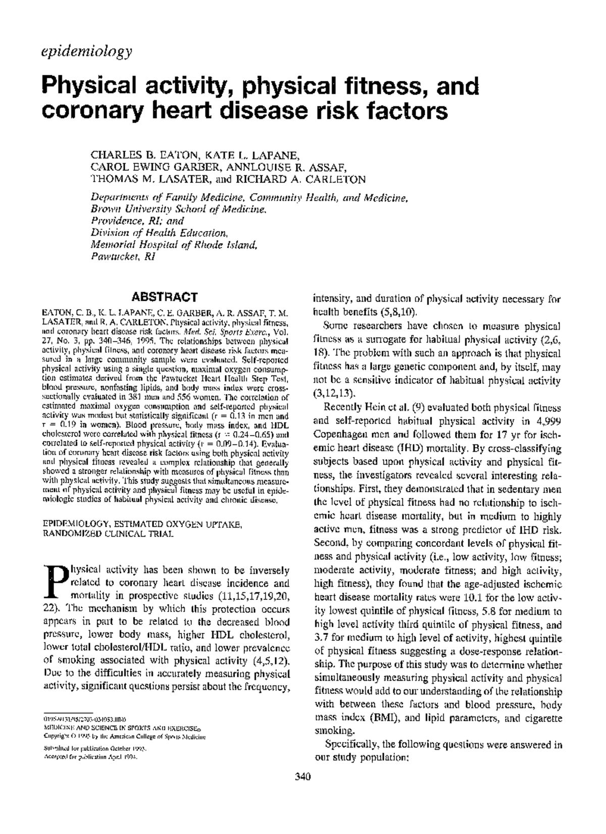 Epidemiology of Physical Activity, Fitness, and CHD Risk Factors - Studocu