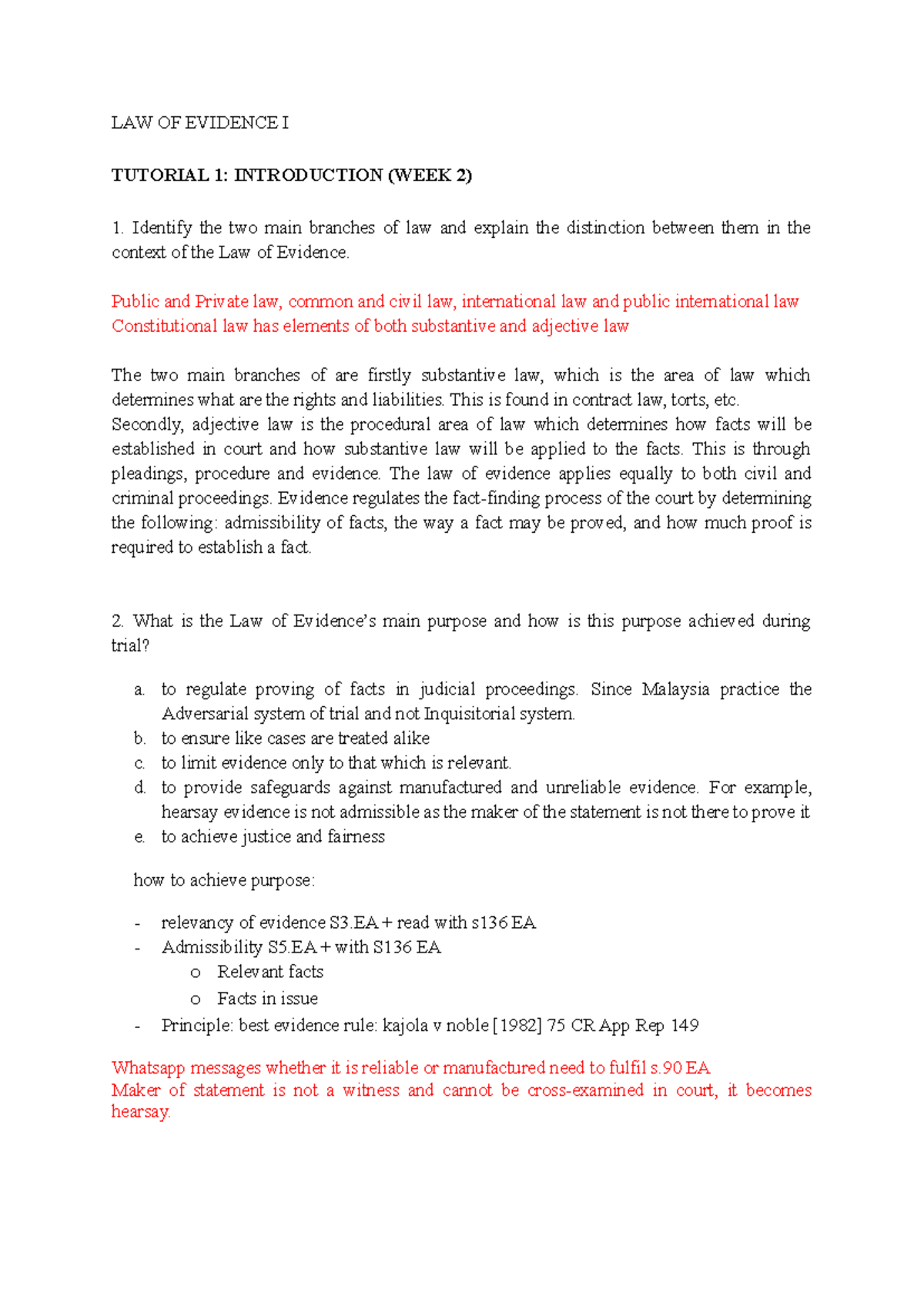 LAW OF EVIDENCE I TUTORIAL 1: INTRODUCTION TO EVIDENCE LAW (WEEK 2 ...