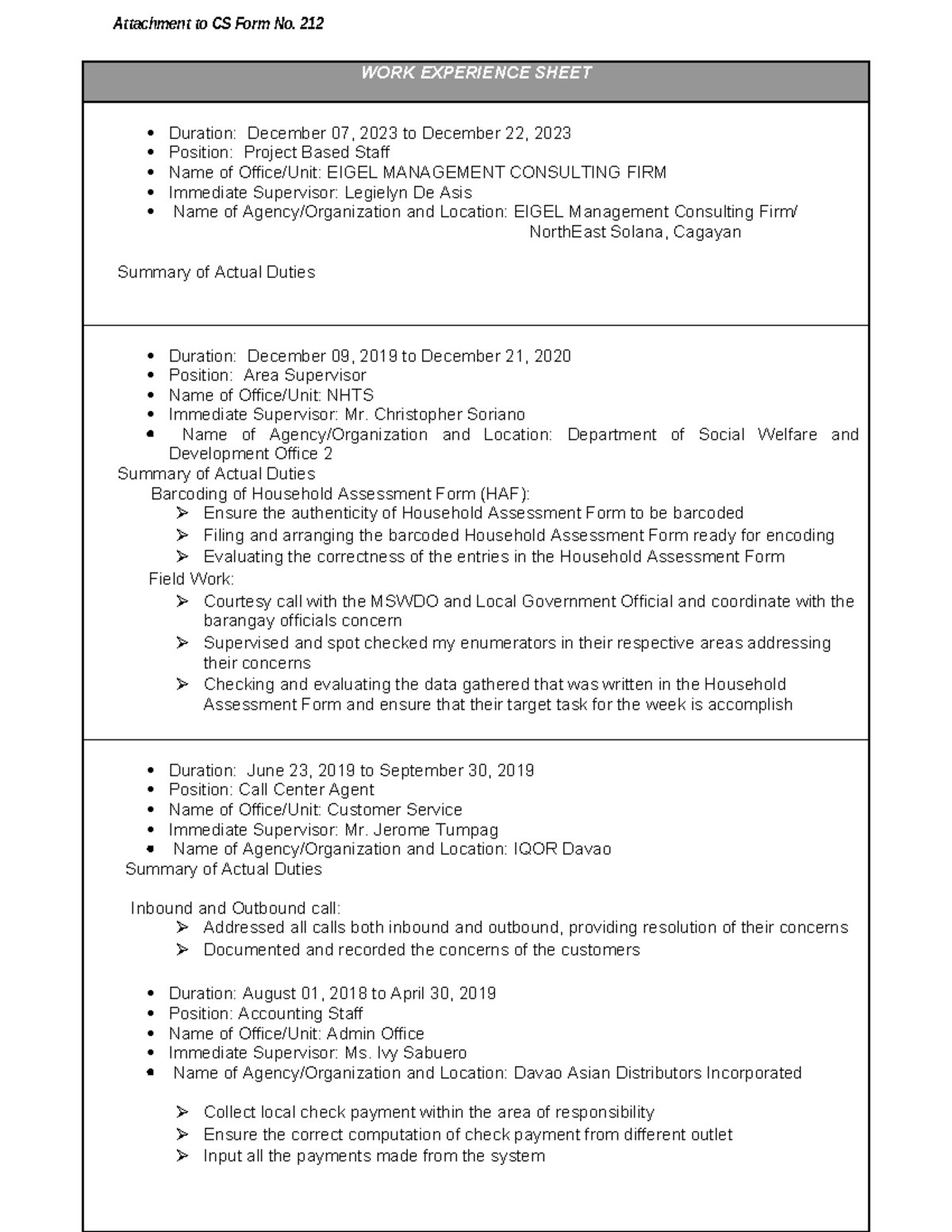CS Form No. 212: Work Experience Sheet Summary (Dec 2018 - Dec 2023 ...