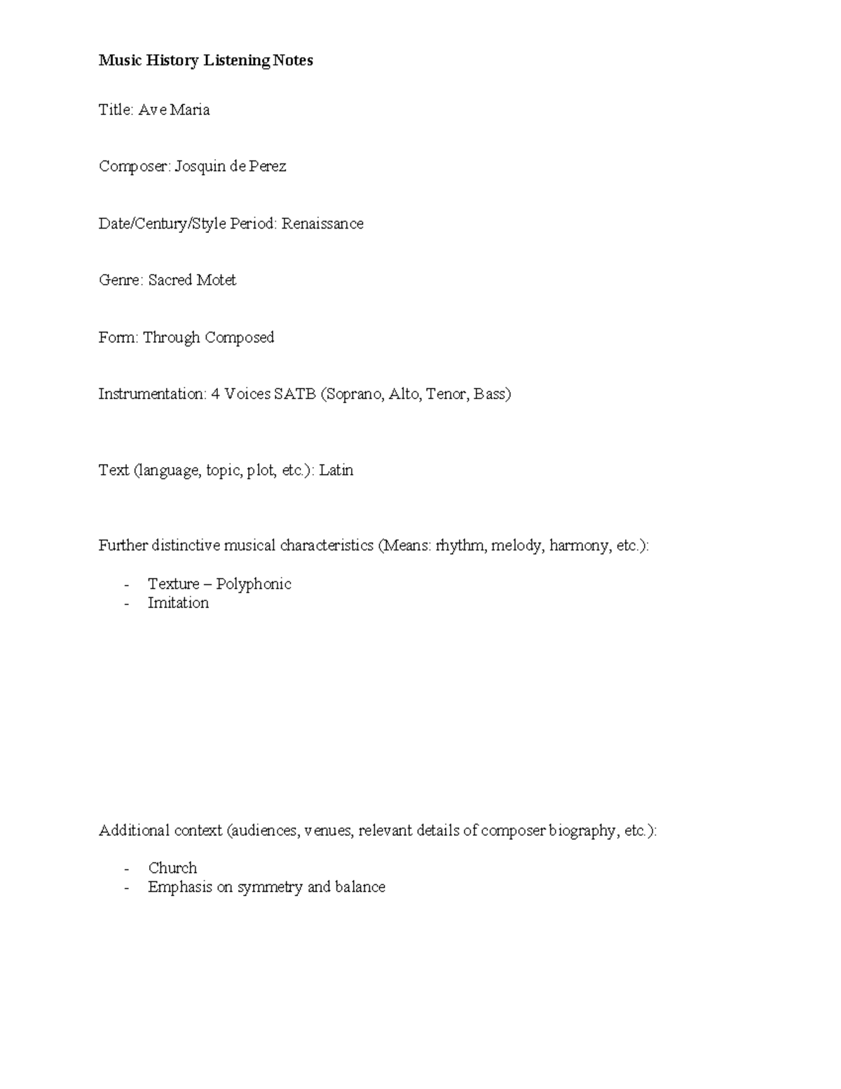 Music History Listening Notes: Analysis of Major Compositions - Studocu