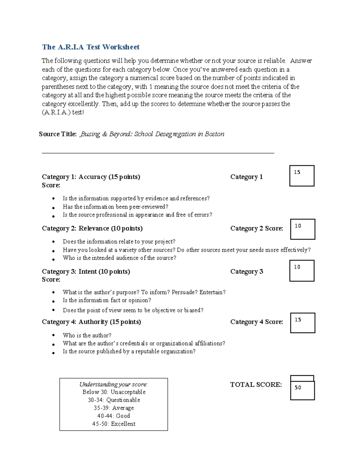 ARIA Test Worksheet - here for help - The A.R.I Test Worksheet The ...