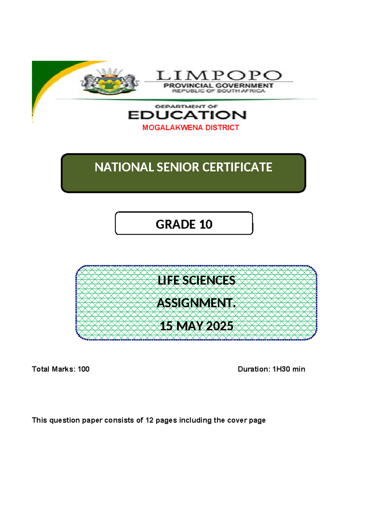 Life Sciences Term 2 Assignment 10: Mogalakwena District, May 2025 ...