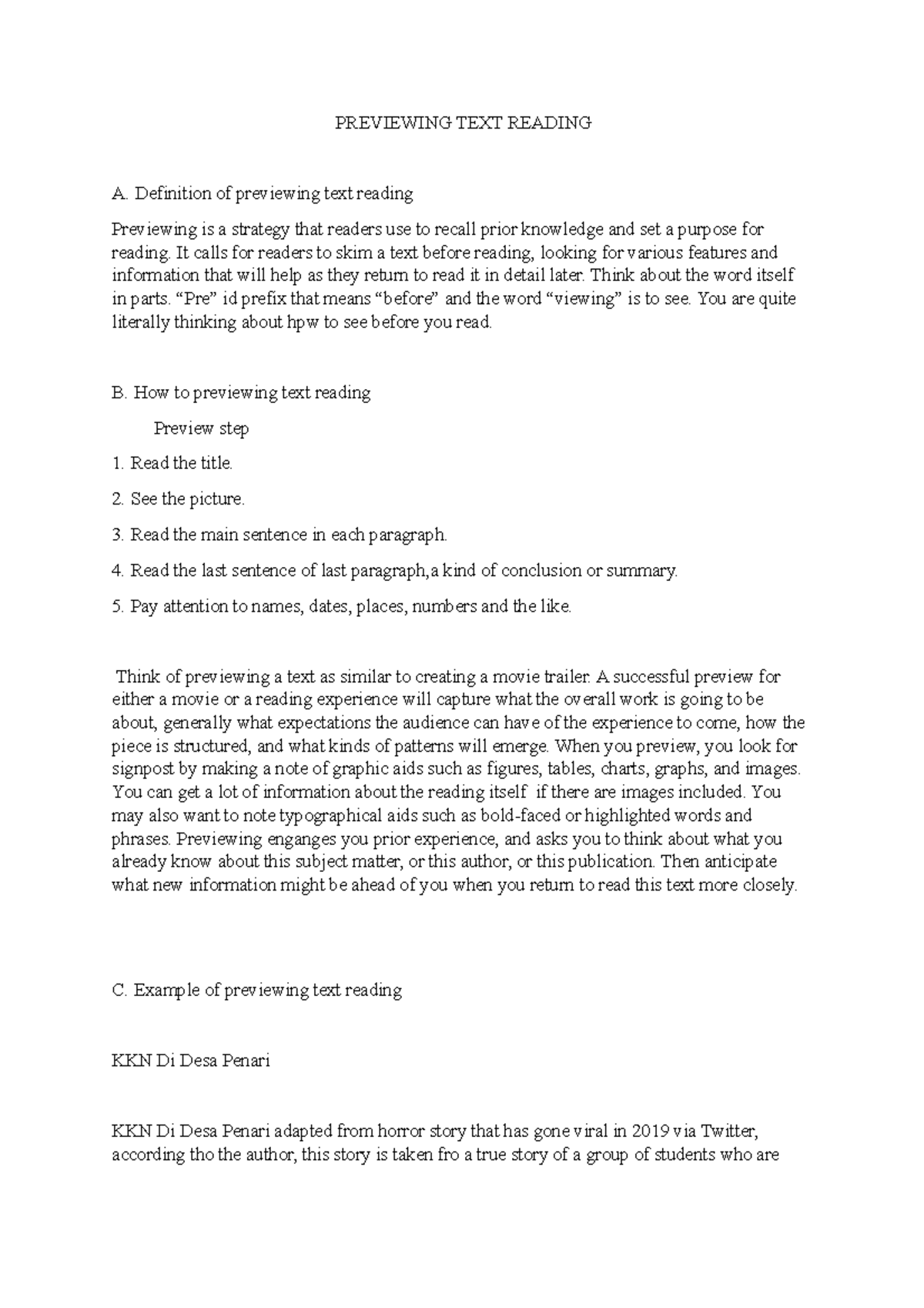 Strategies for Previewing, Predicting, and Skimming Text Reading - Studocu