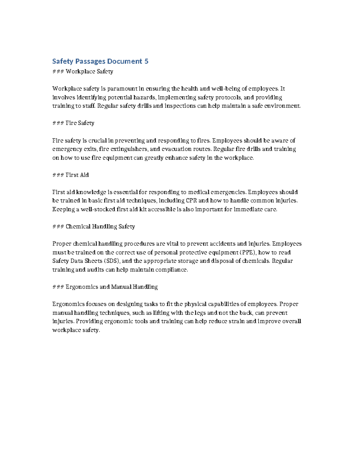 Safety Passage 5: Essential Practices for Workplace Safety - Studocu