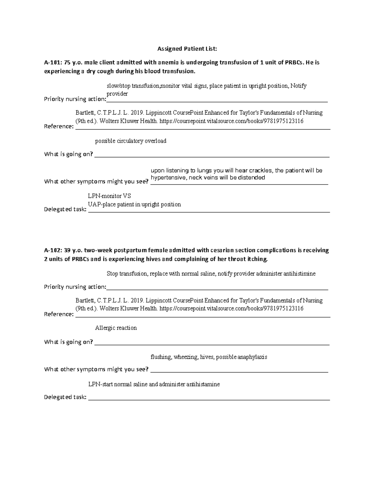 Blood Transfusion Assignment - Assigned Patient List: A- 10 1: 75 y ...