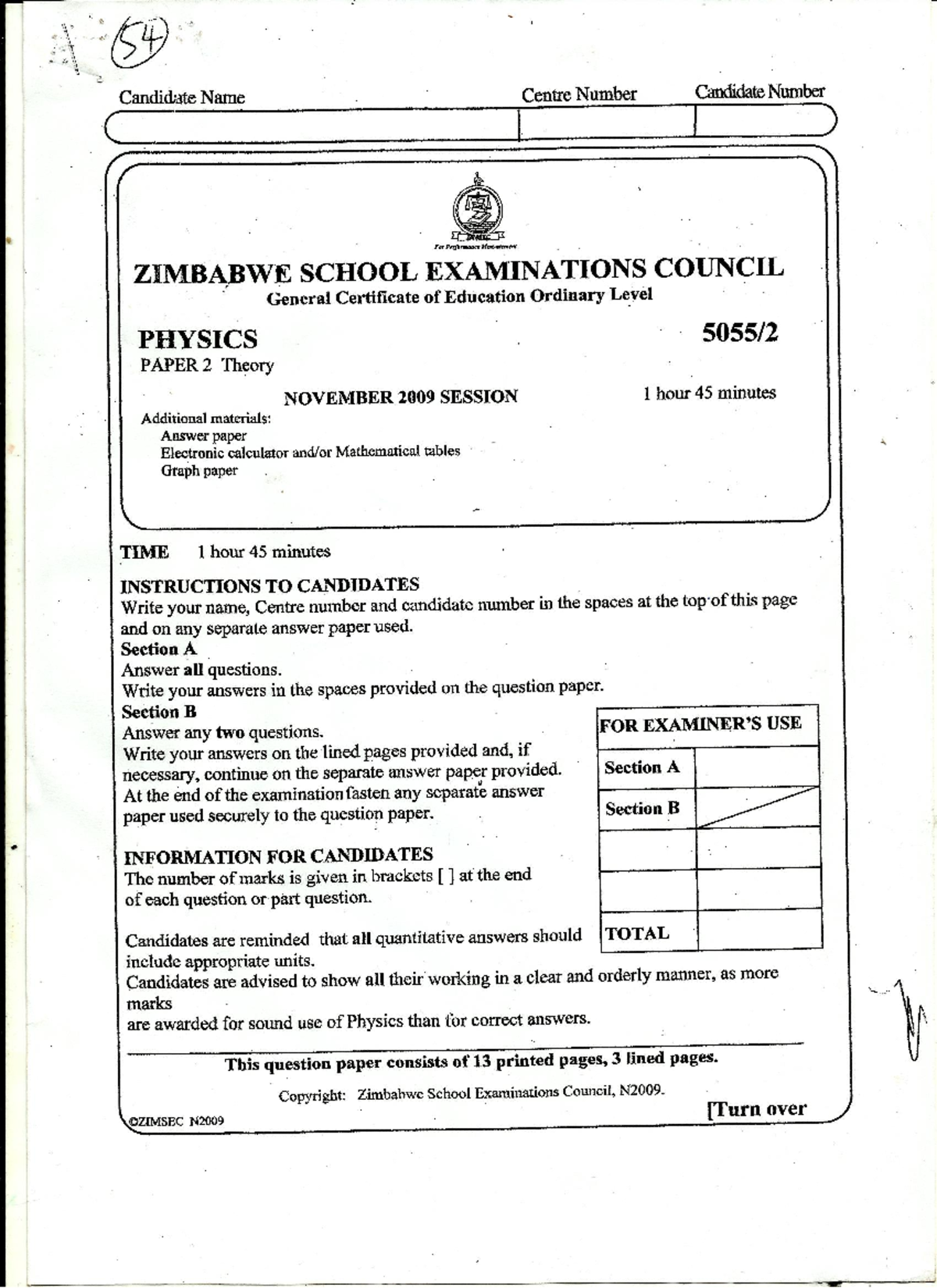 ZIMSEC O Level Physics Paper 2 - November 2009 Exam Guide - Studocu