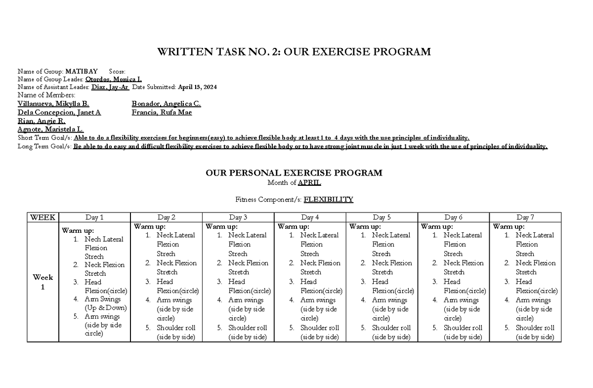 Exercise Program for Flexibility: Written Task No. 2 - PATHFIT 3 - Studocu
