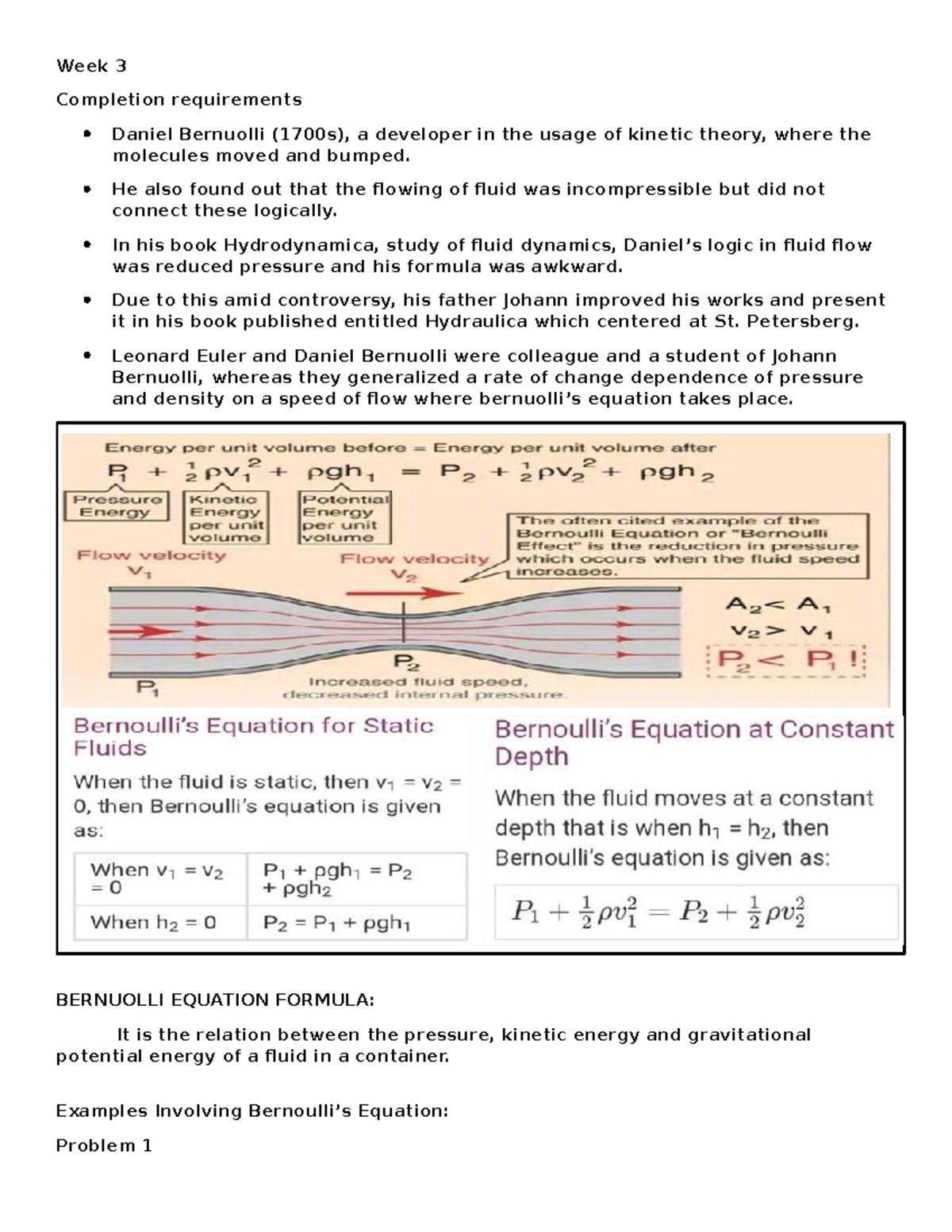 Fluid Mechanics Week 3: Bernoulli's Equation and Applications - Studocu