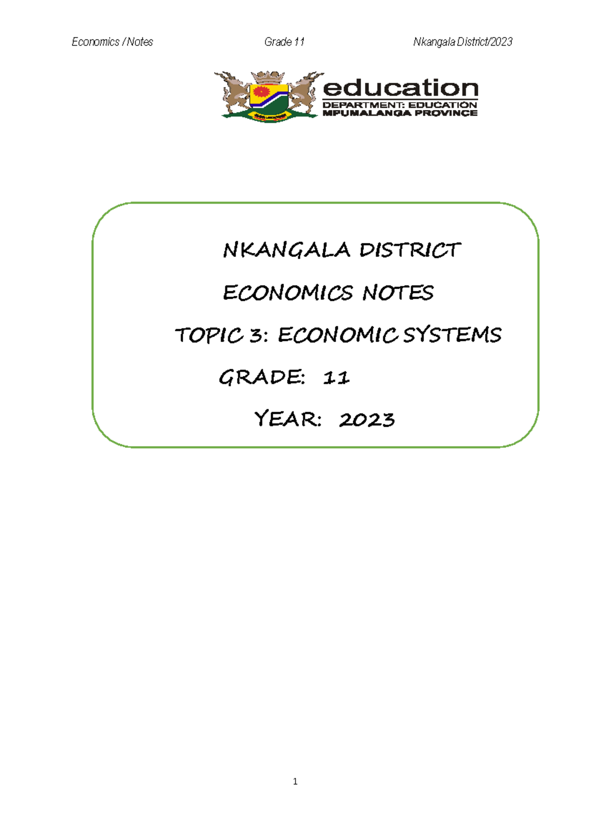 Grade 11 Economics Notes: Topic 3 - Economic Systems Analysis - Studocu