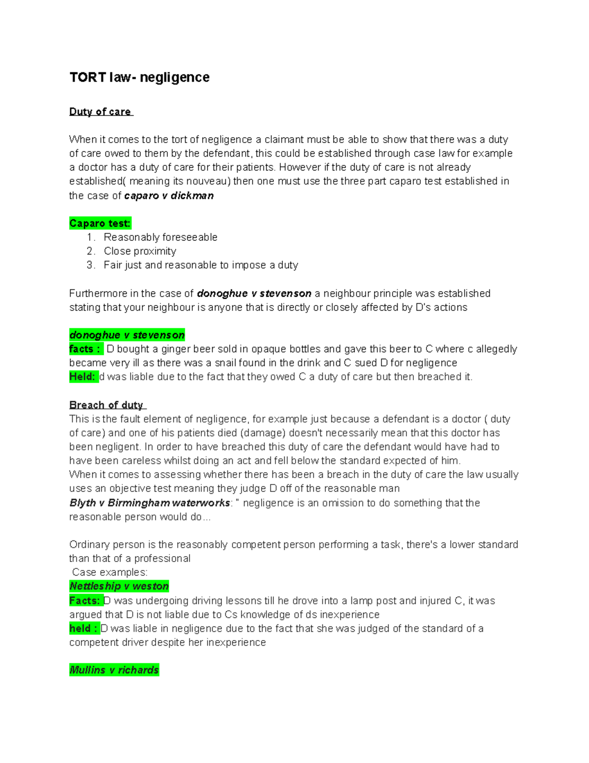 TORT law- negligence - my notes - TORT law- negligence Duty of care ...