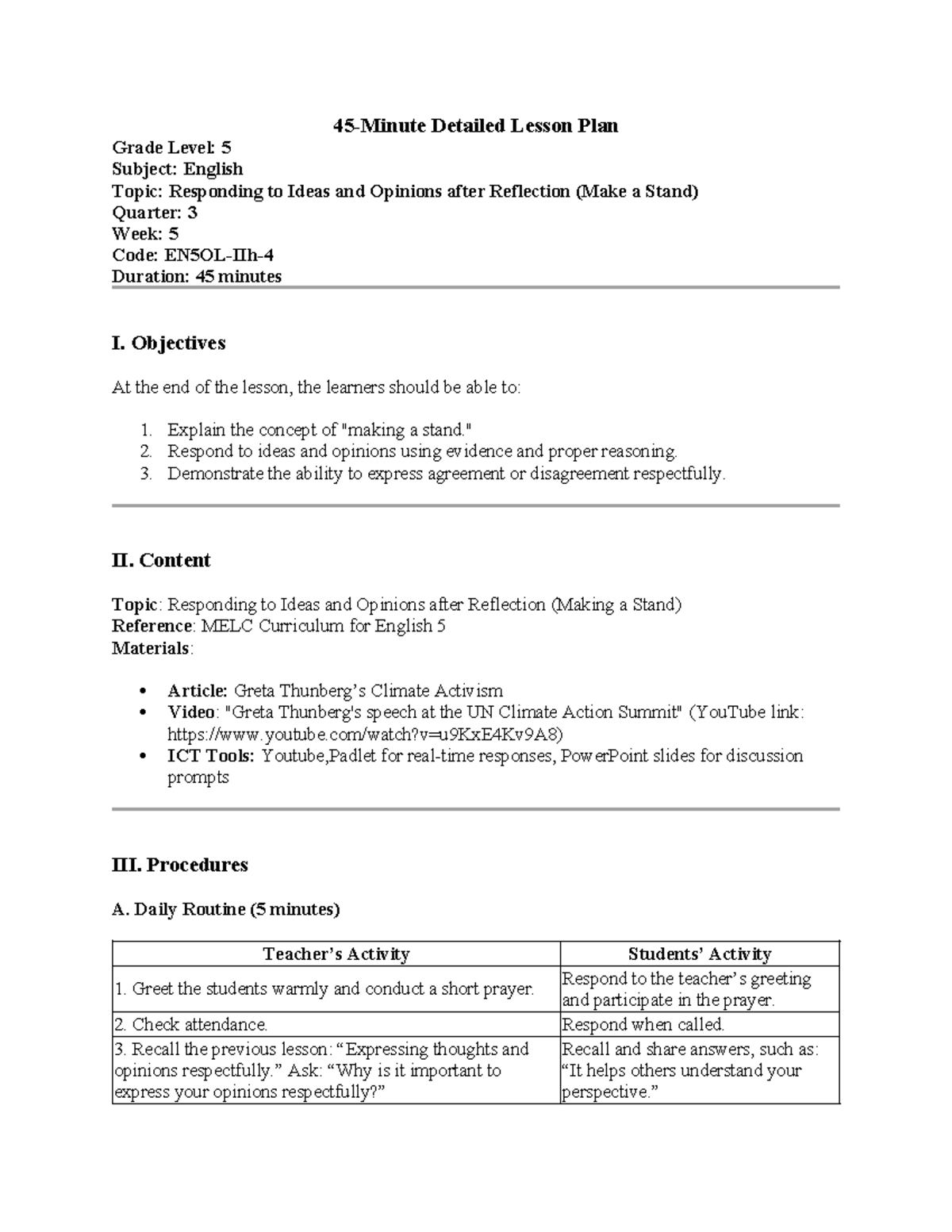 Lesson Plan: Making a Stand - Grade 5 English (EN5OL-IIh-) - Studocu