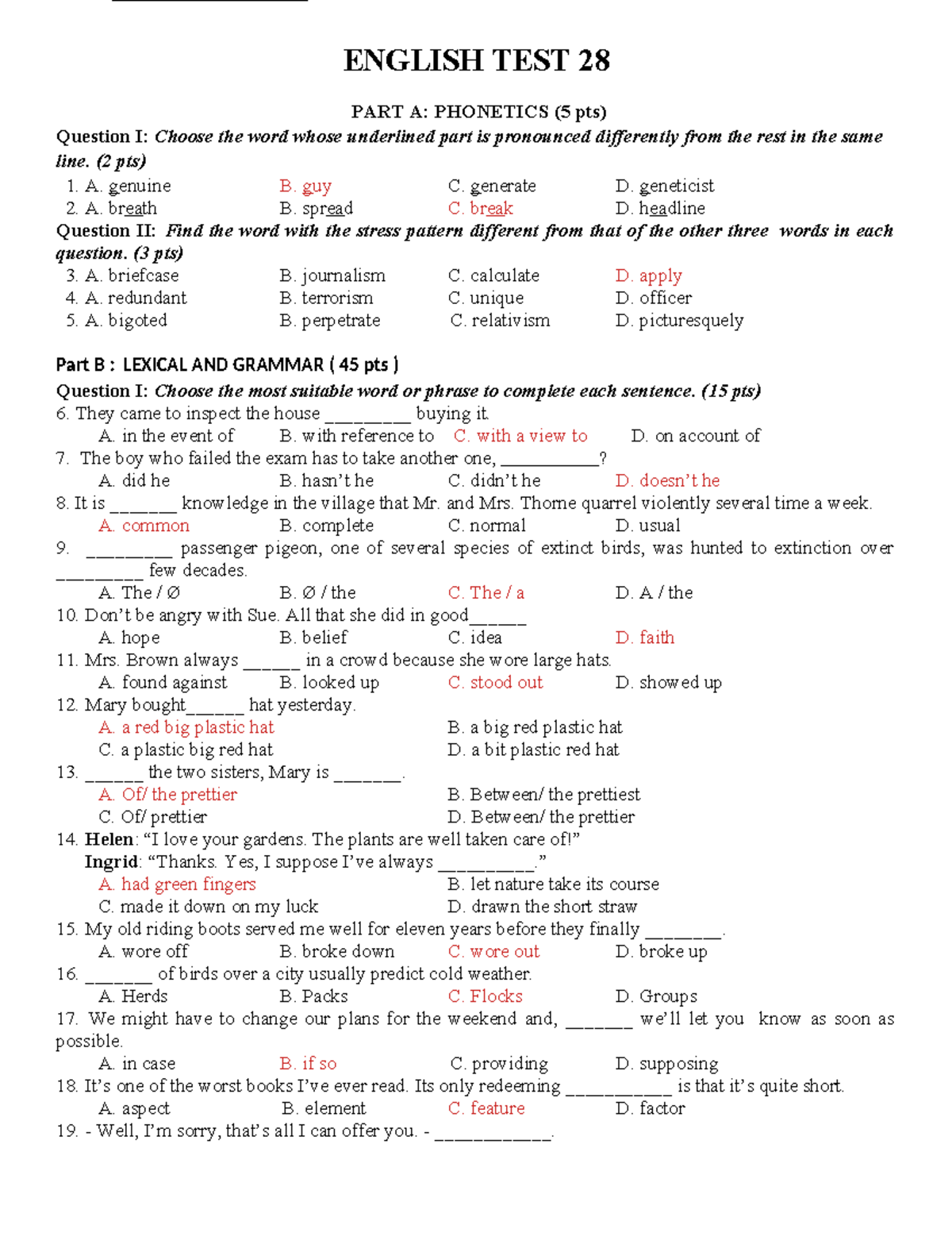ENGLISH TEST 28: PHONETICS & LEXICAL/GRAMMAR EXERCISES - Studocu