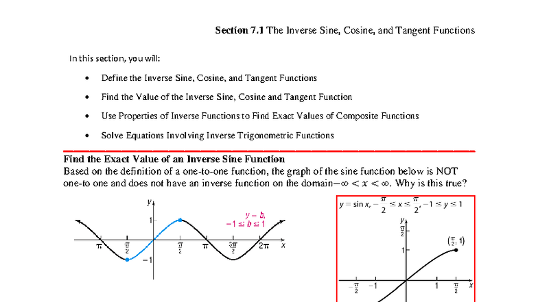 177 MATH 101 Chapter 7: Inverse Trigonometric Functions Lecture Notes ...