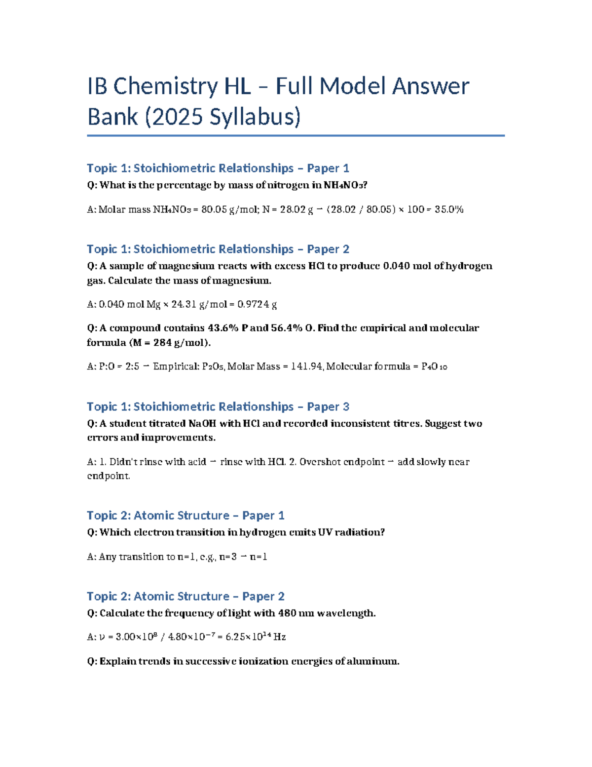 IB Chemistry HL Model Answers 2025 - IB Chemistry HL – Full Model ...