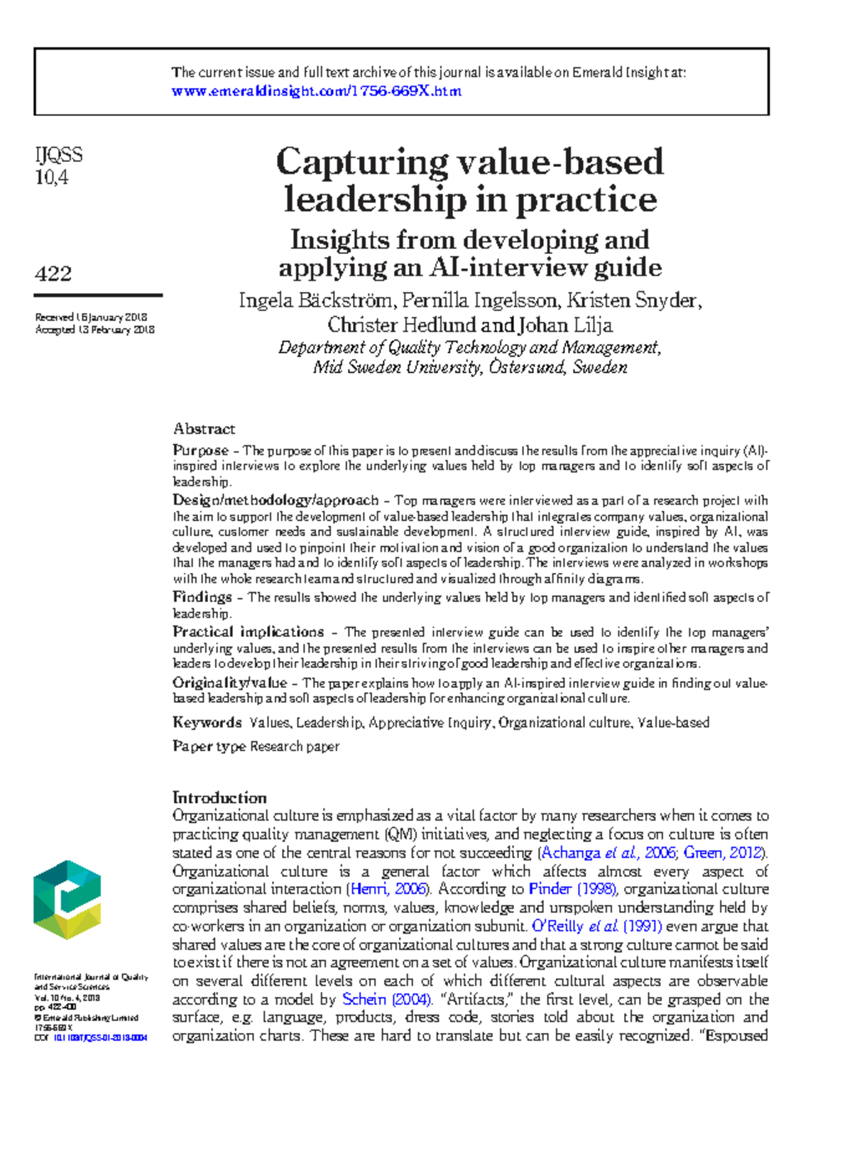 Capturing Value-Based Leadership: Insights from Top Managers (IJQSS 10 ...