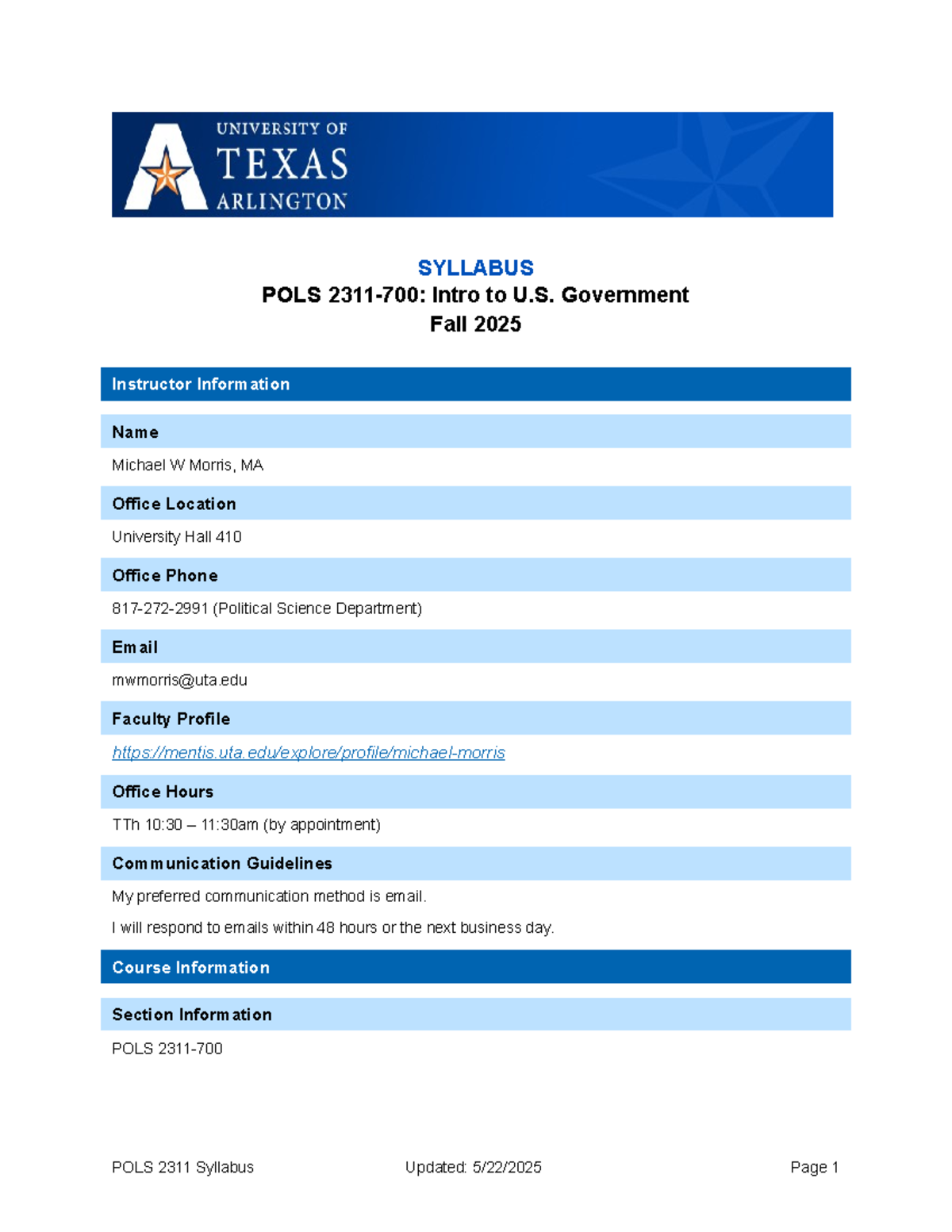 POLS 2311 Syllabus: Intro to U.S. Government - Fall 2025 - Studocu