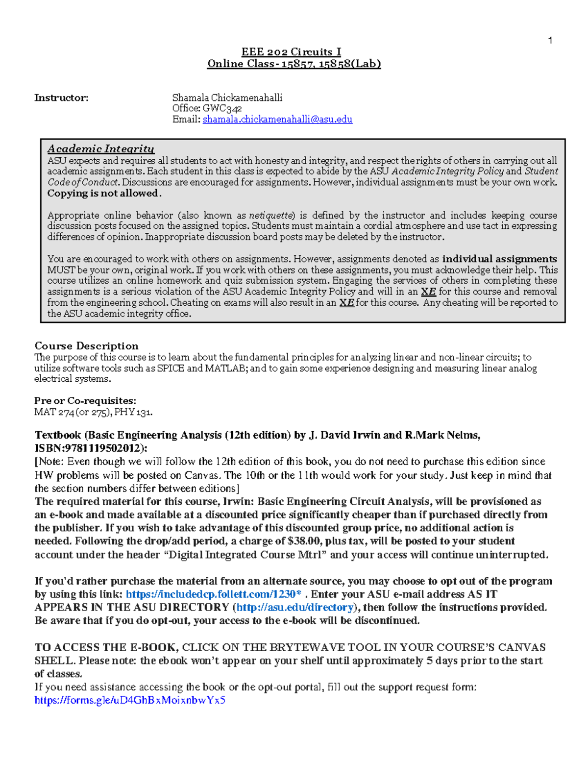 EEE 202 Circuits I Online Syllabus Session B Spr25 - Studocu